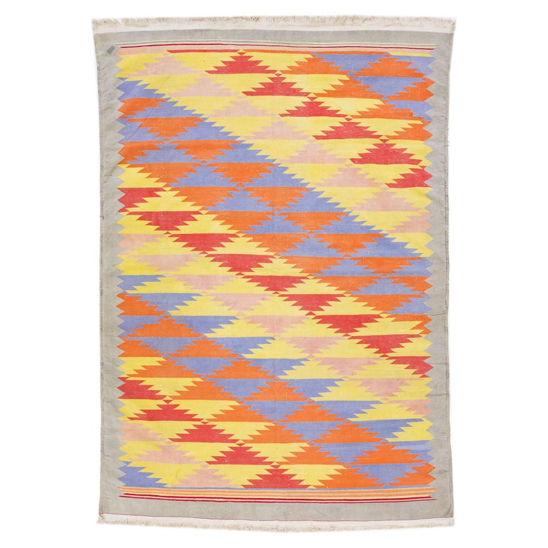 Multicolor Vinatge Cotton Durrie Wool Rug with Geometric Motif For Sale ...