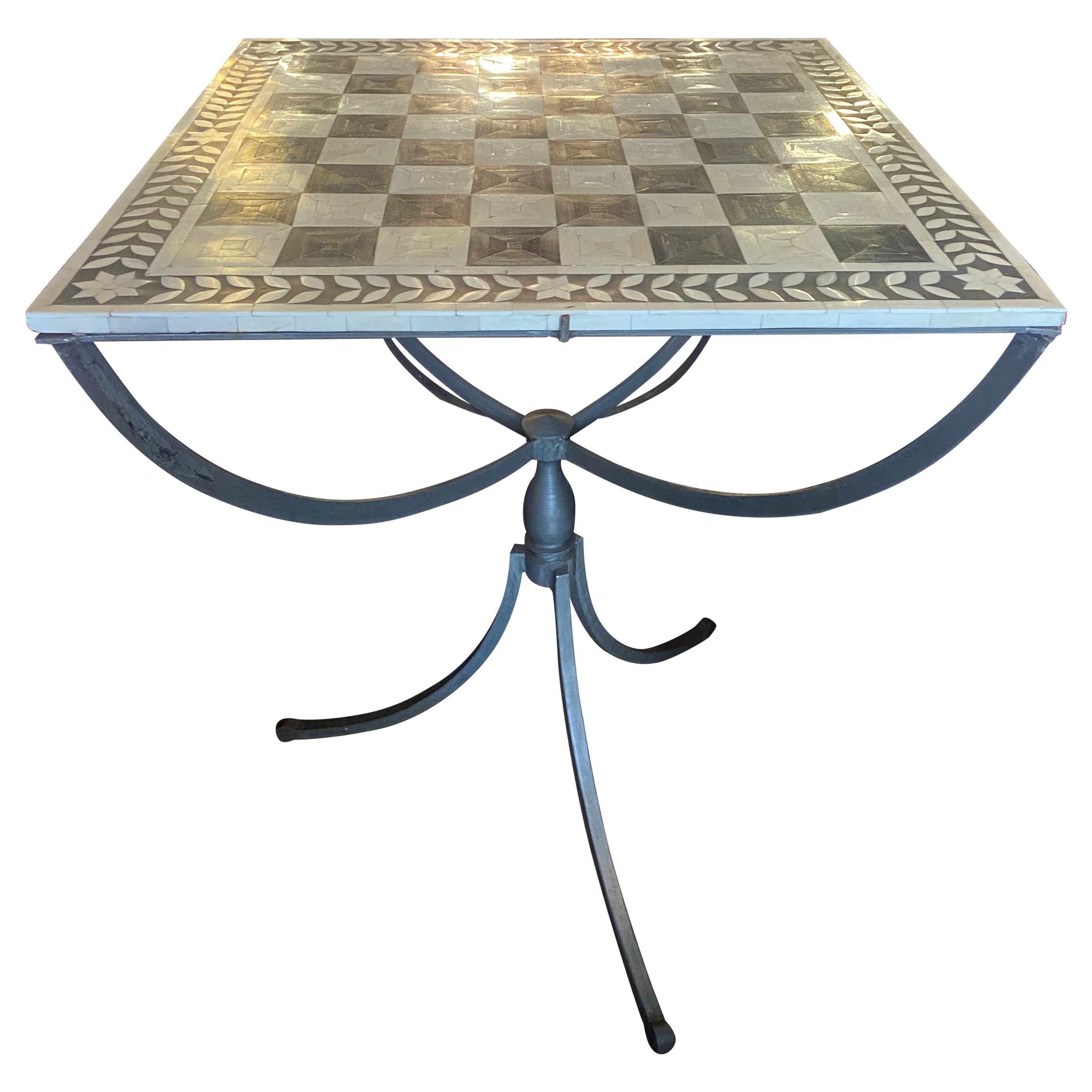 Inlaid Faux Bone and Steel Chess Table For Sale at 1stDibs
