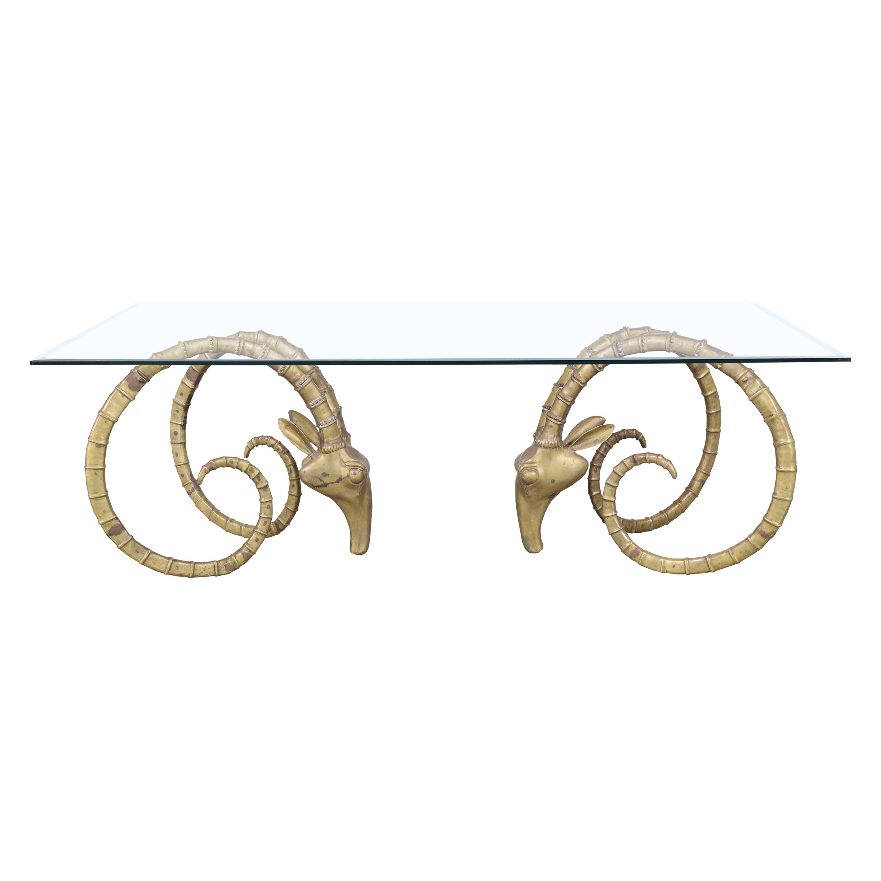 Hollywood Regency Brass Ram Head Dining Table in the manner of Alain ...