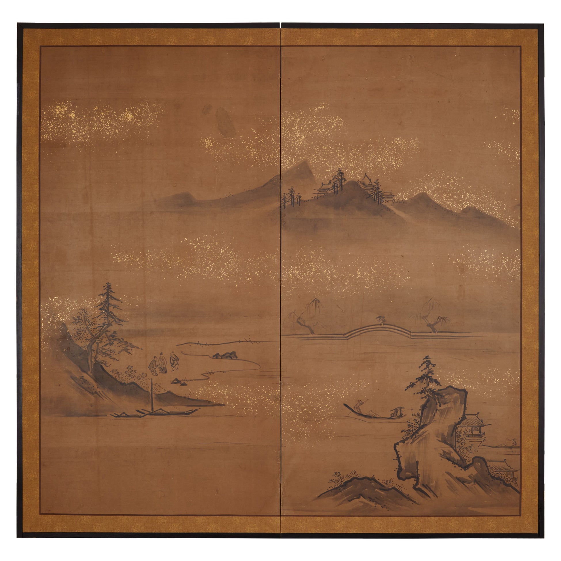 Japanese Two Panel Screen, Ink Landscape on Paper with Gold Dust For ...