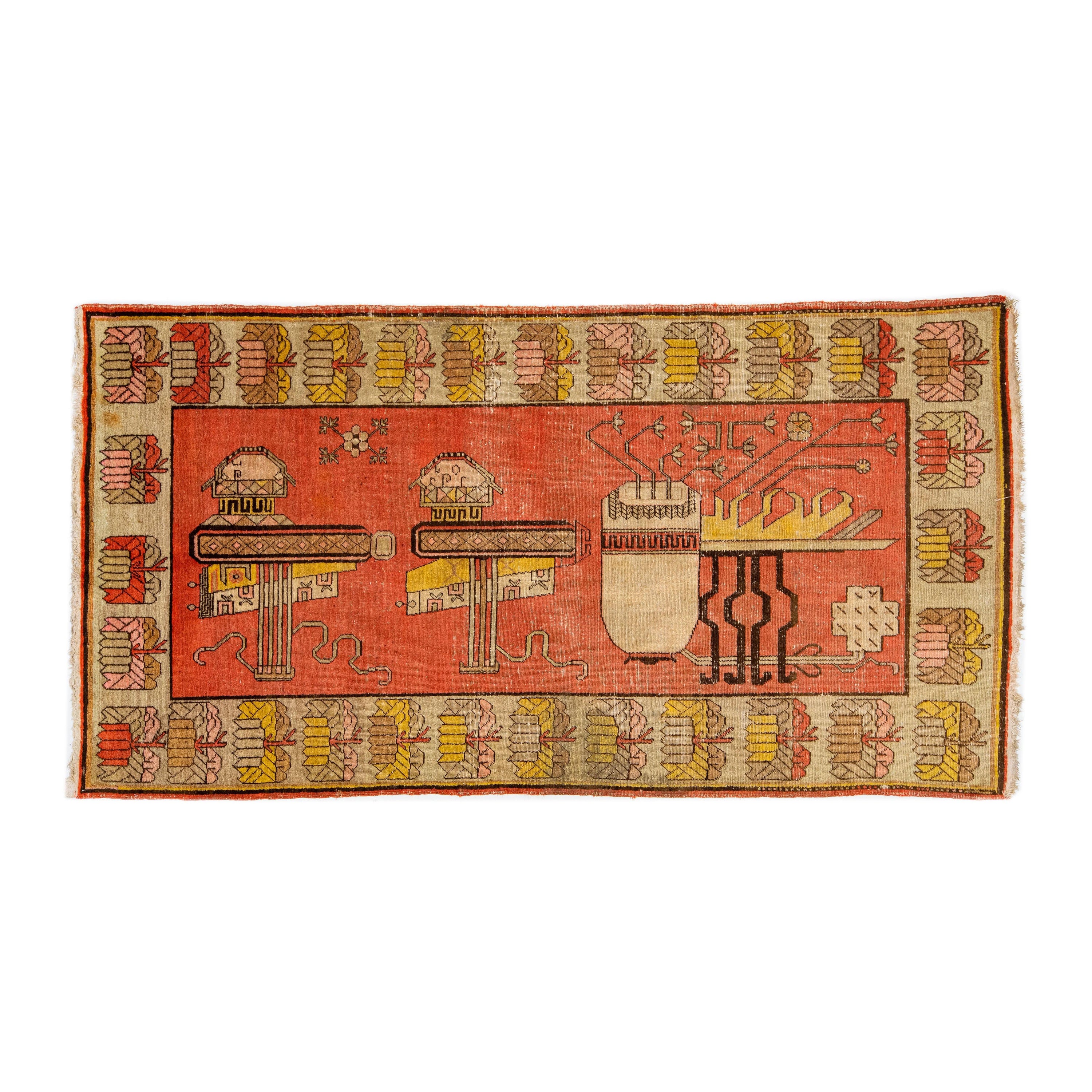 Vintage Orange Turkish Khotan Handmade Wool Rug with Pictorial Motif ...