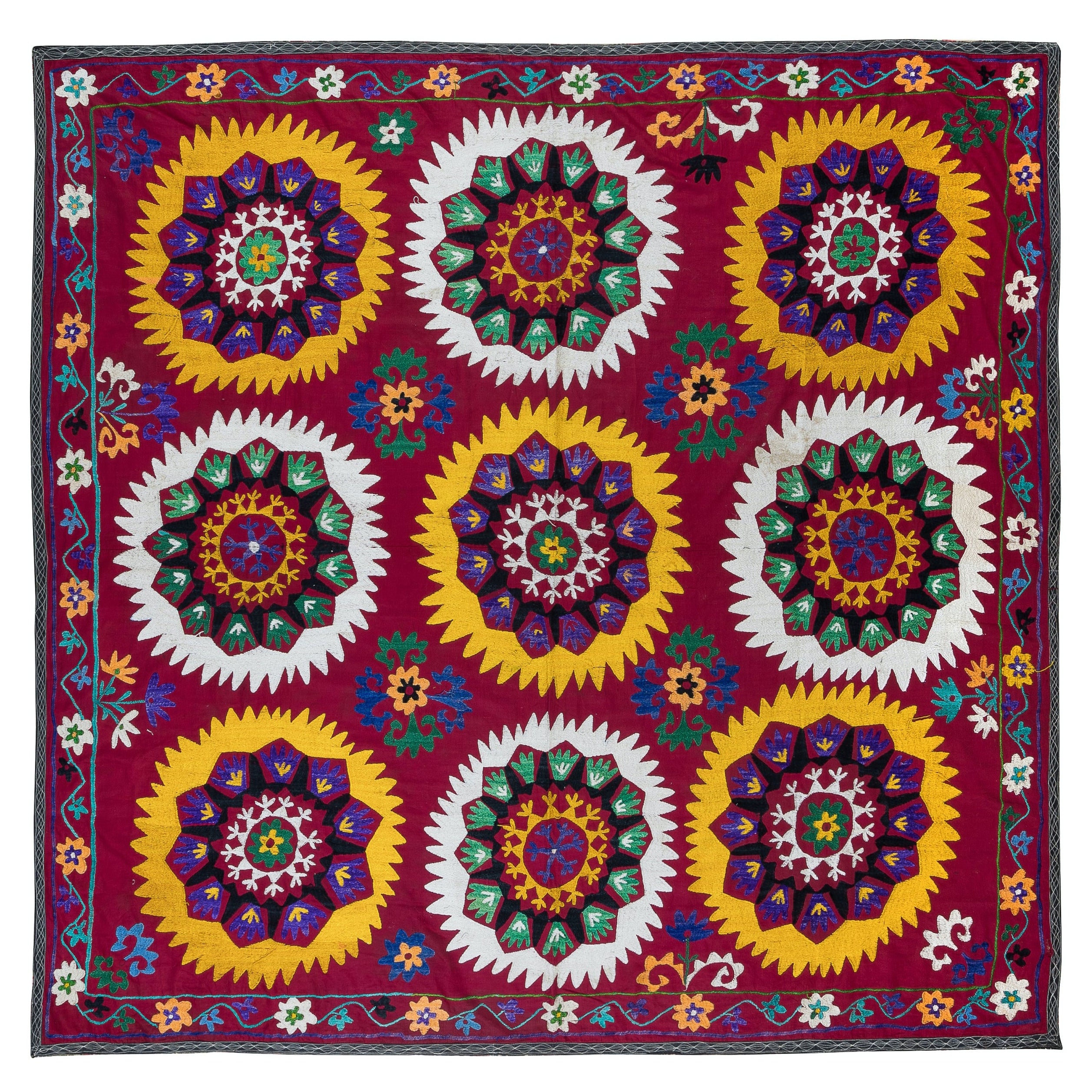 5.8x5.8 ft Handmade Suzani Cotton Bed Cover, Vintage Embroidered Wall ...