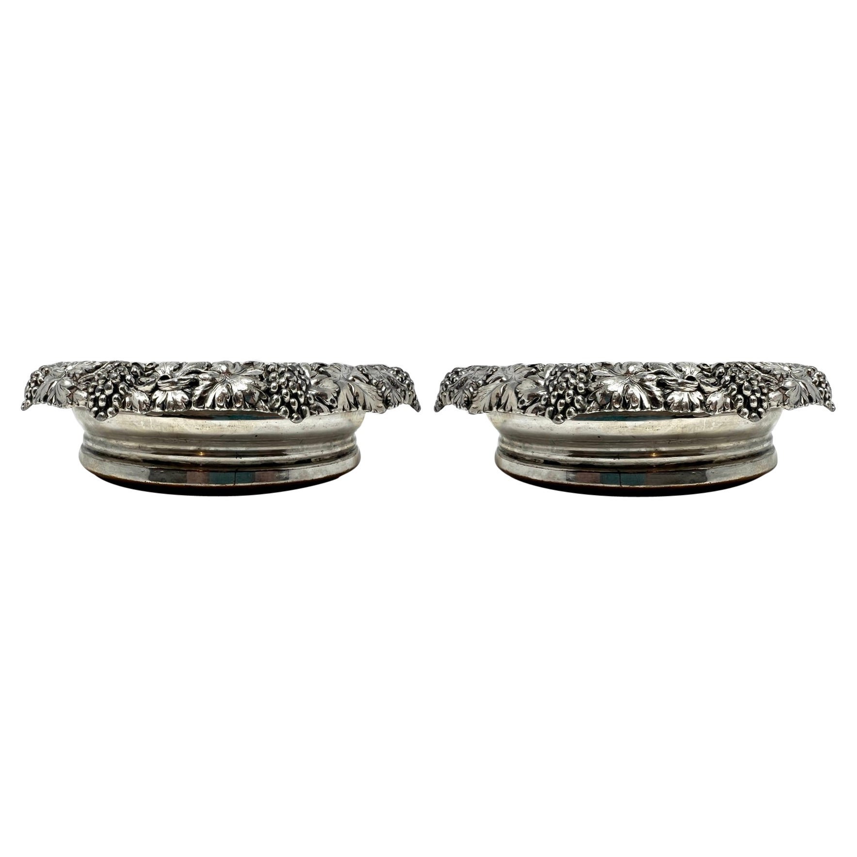 Pair Antique Sheffield Grape Motif Wine Coasters For Sale at 1stDibs