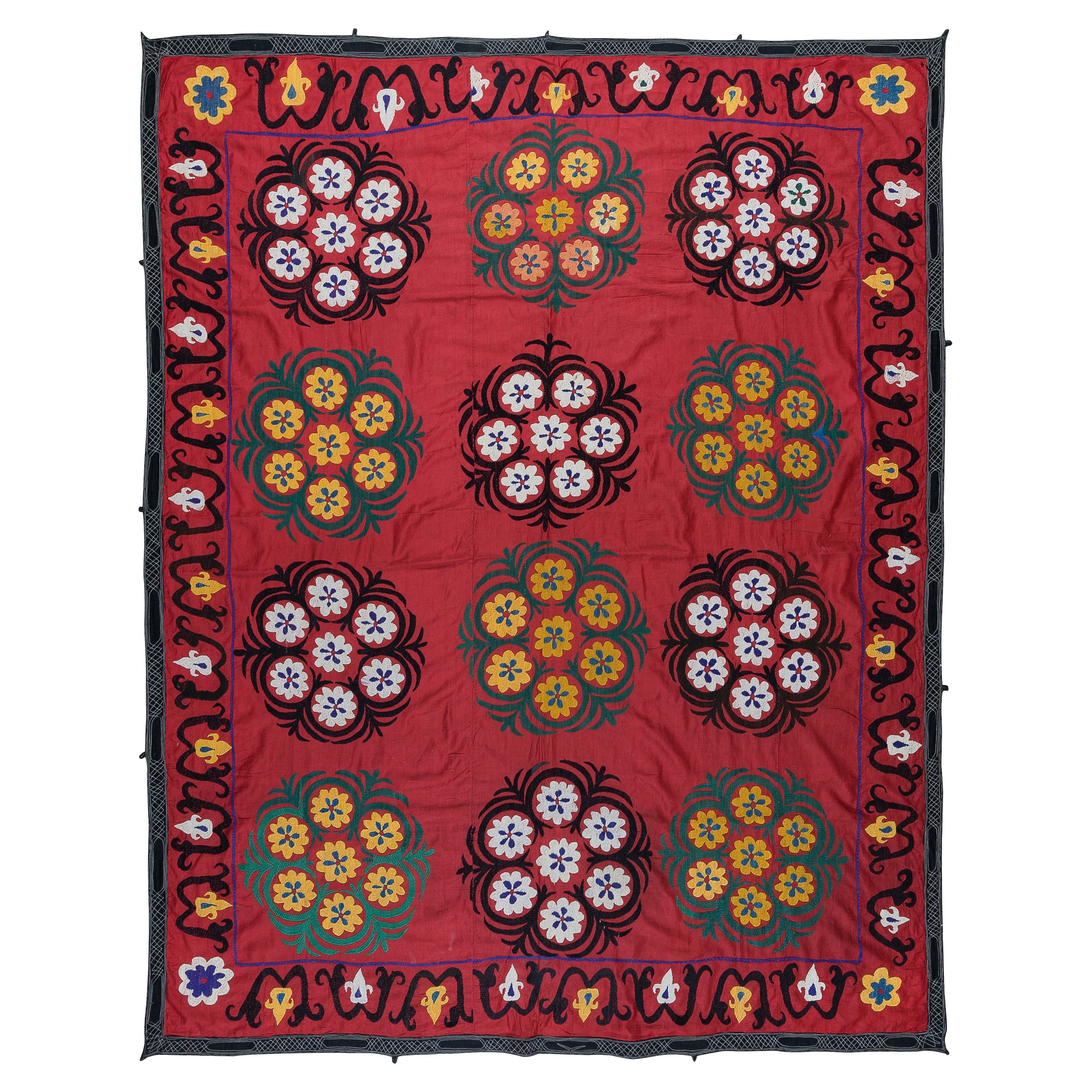 Suzani Bed Cover in Red, Vintage Uzbek Hand Embroidered Wall Hanging ...
