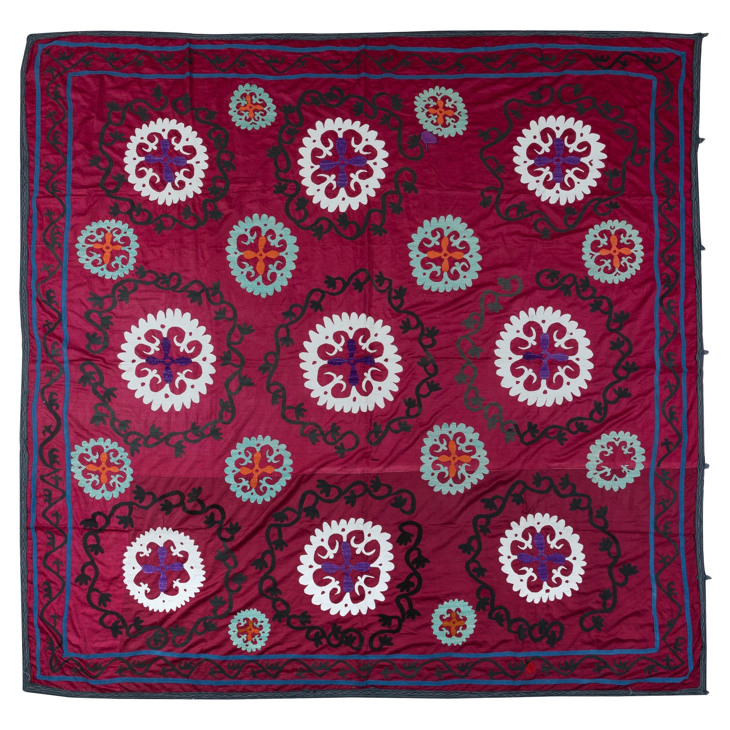 Square Suzani Wall Hanging in Maroon, 1970s Embroidered Cotton Bed ...