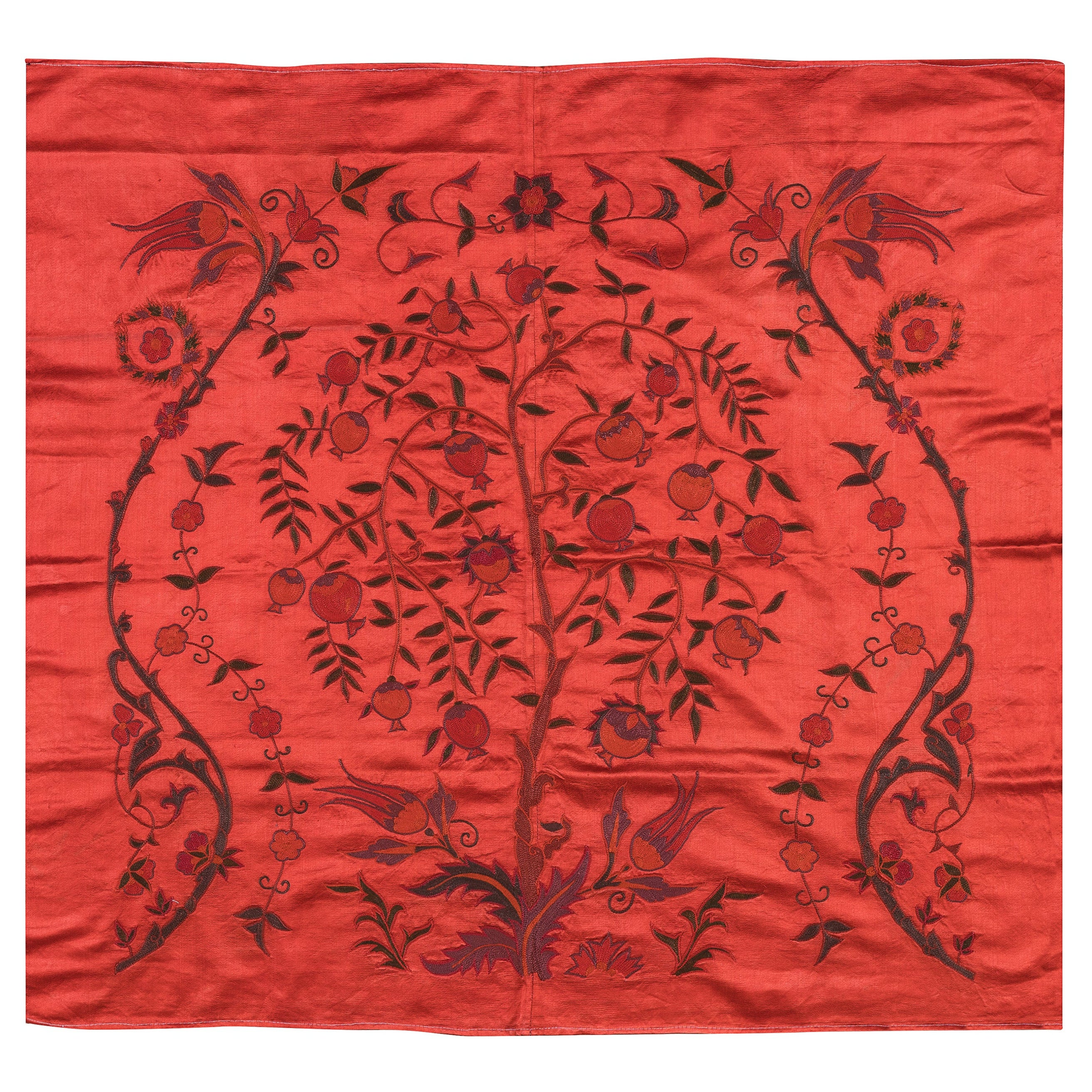 All Silk Embroidered Wall Hanging with Pomegranate Tree Design in Red ...