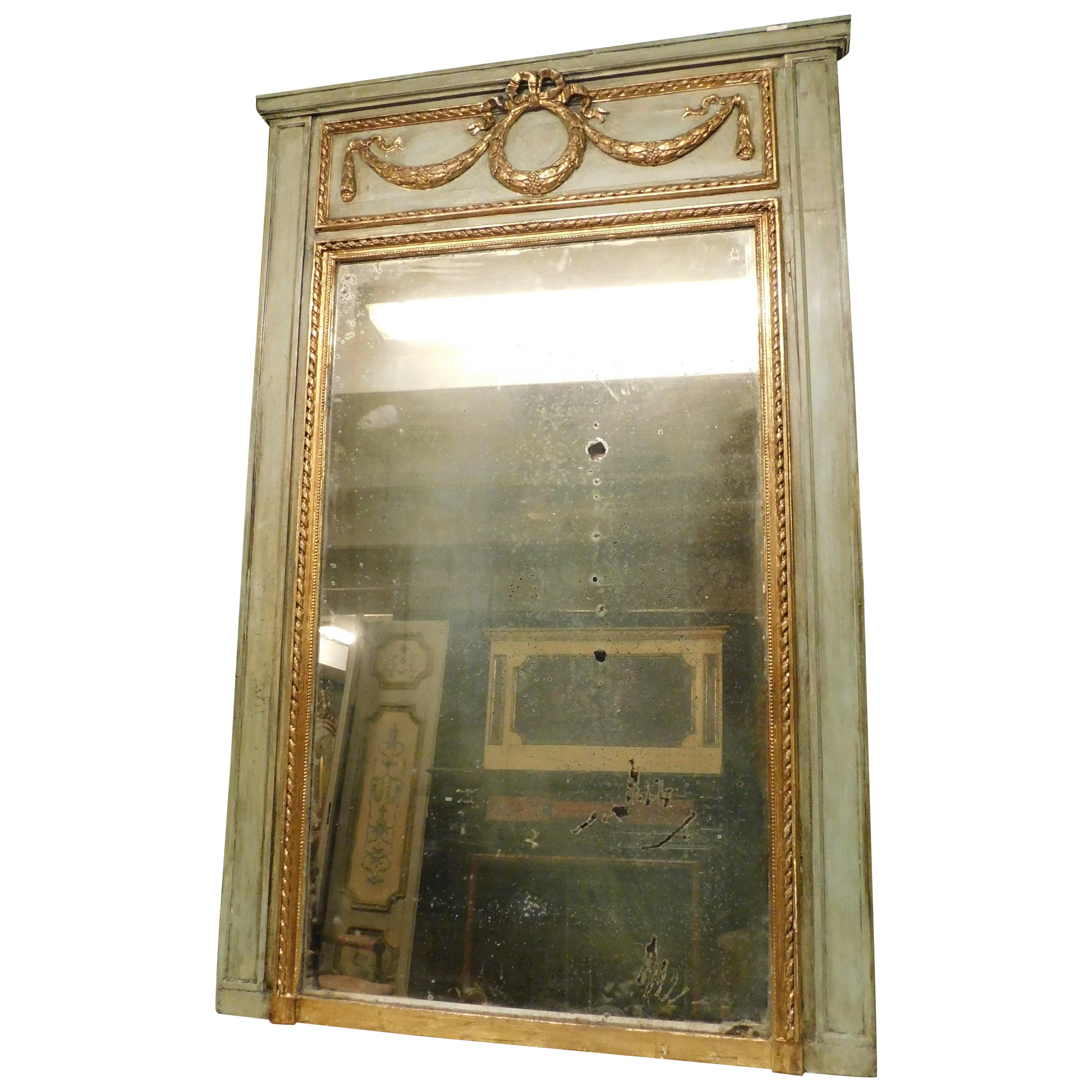 Antique Green and Gilded Lacquered Mirror, Carved Friezes, 19th Century ...
