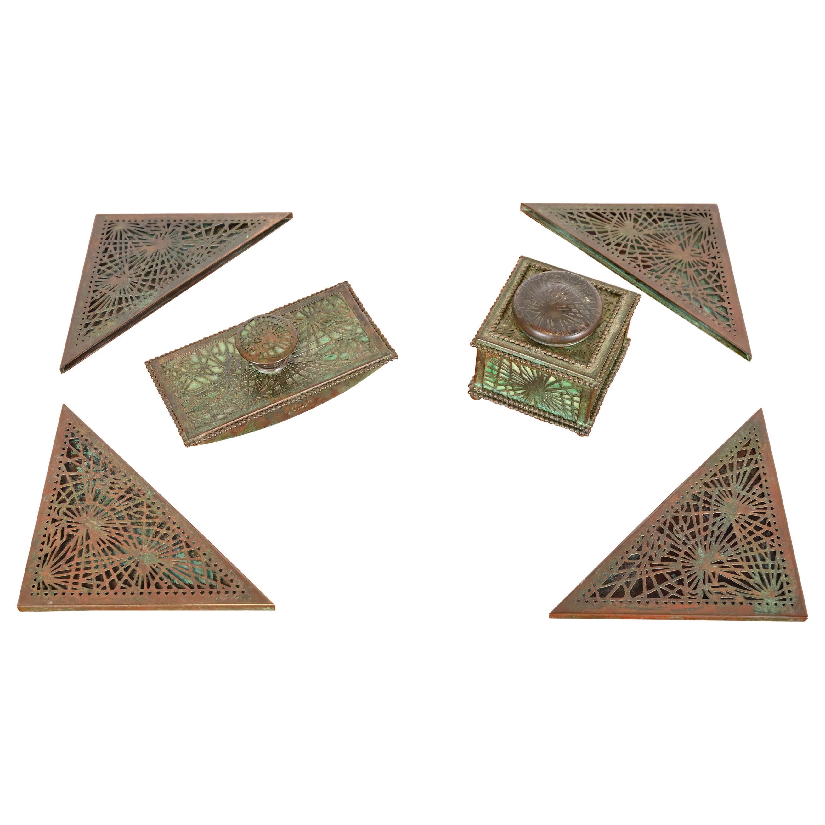 Tiffany Studios New York Pine Needle Bronze and Slag Glass Desk Set ...