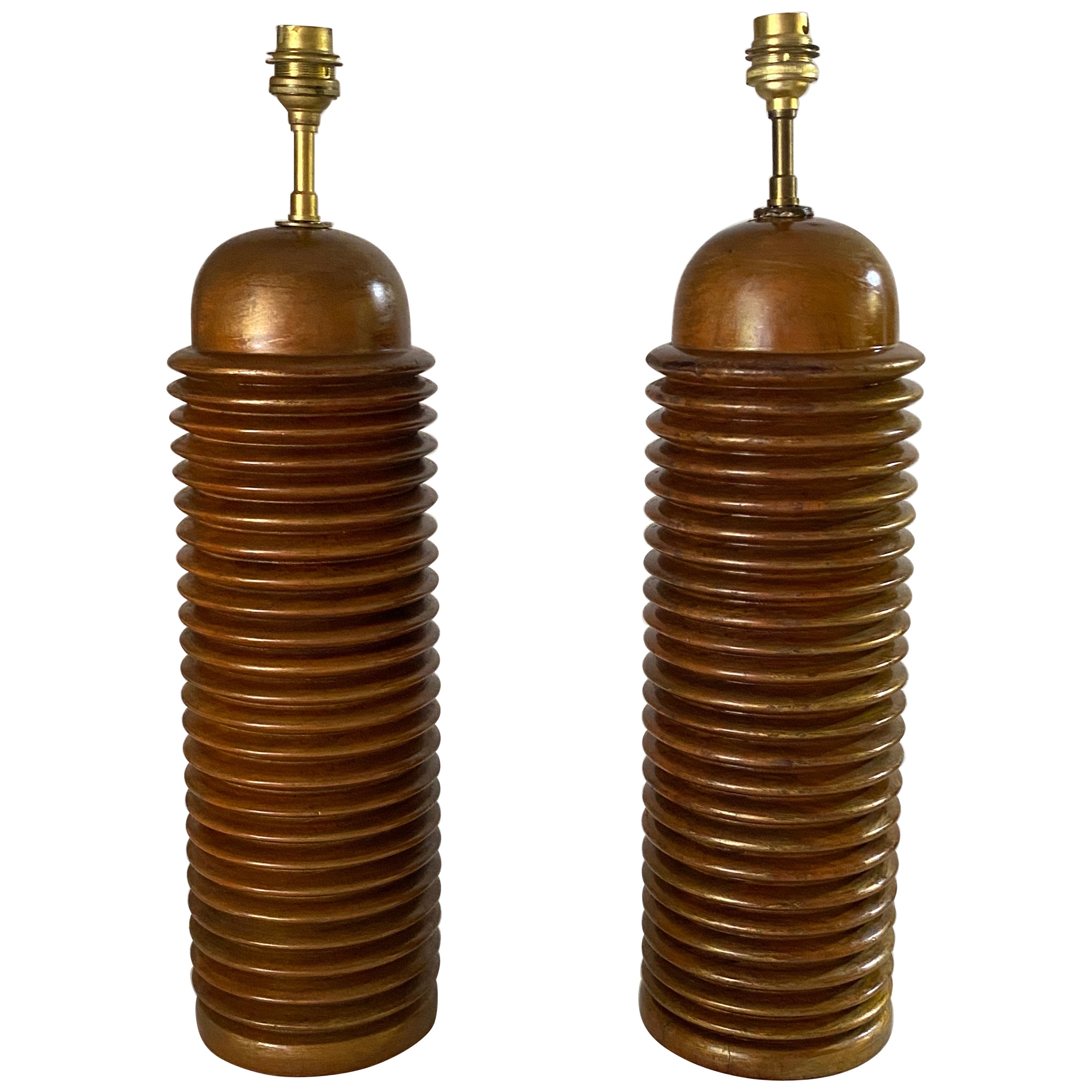Franch Pair of Solid Wood Table Lamps, 20th Century For Sale at 1stDibs