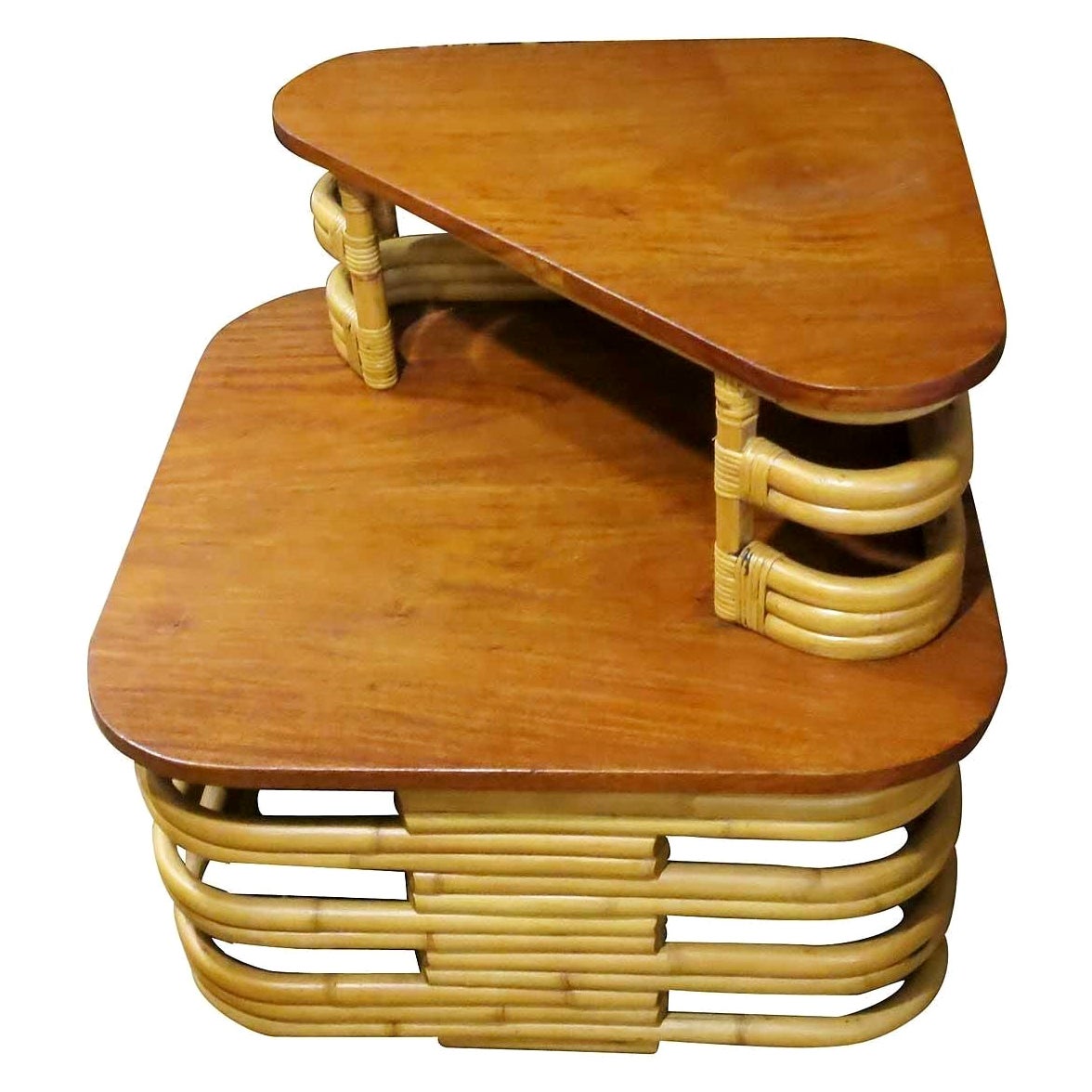 Restored Stacked Rattan and Mahogany Corner Side Table For Sale at 1stDibs