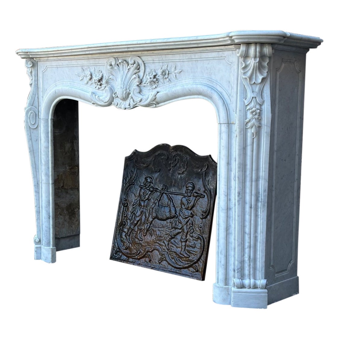 Louis XV Style Fireplace in Carrara Marble and Its Cast Iron Hearth For ...