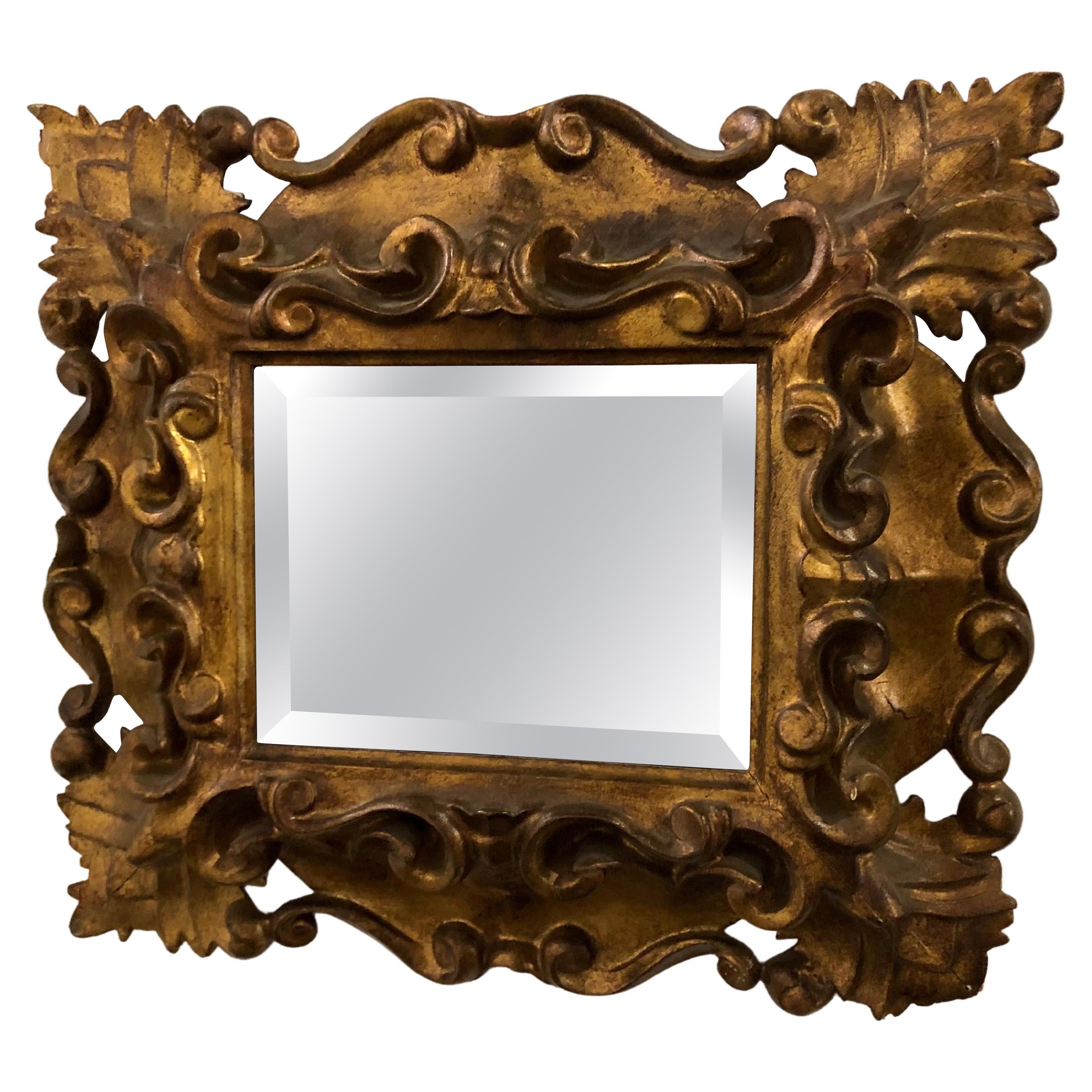 Antique mirror with a wolf in carved walnut wood at 1stDibs
