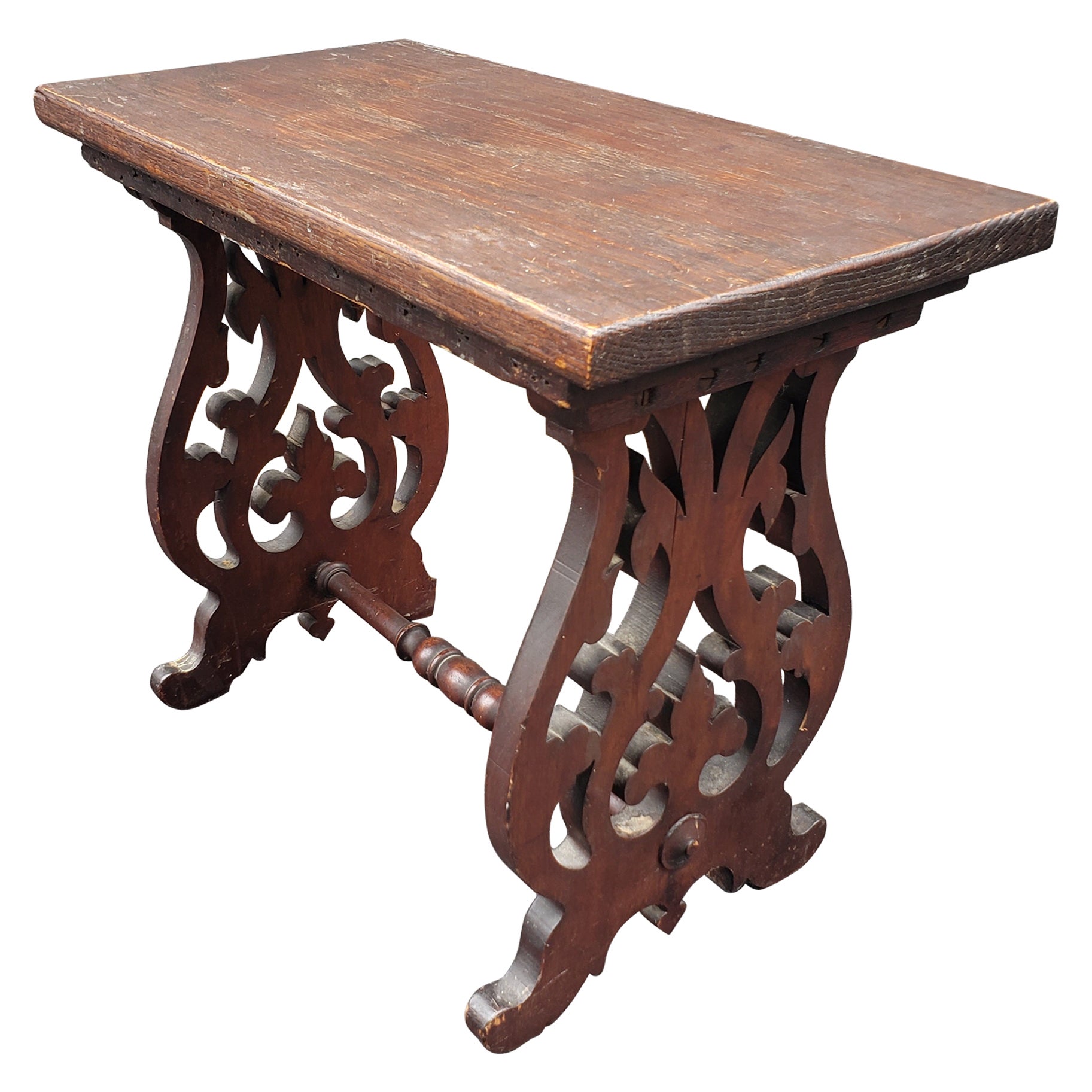1920 Edwardian Handcrafted and Carved Oak Trestle Bench or Table For ...