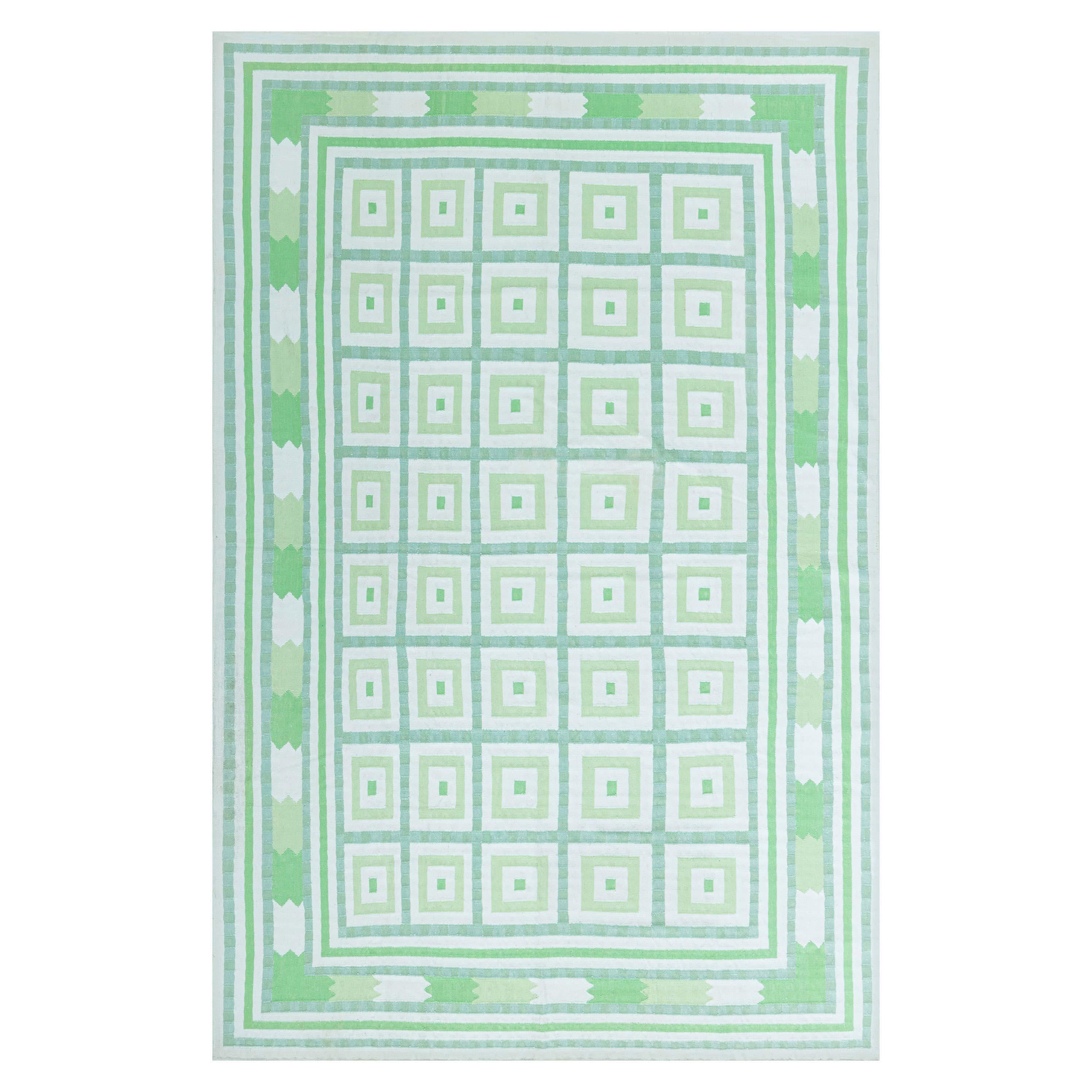 Collection Vintage Indian Dhurrie Green Beige Rug For Sale at 1stDibs