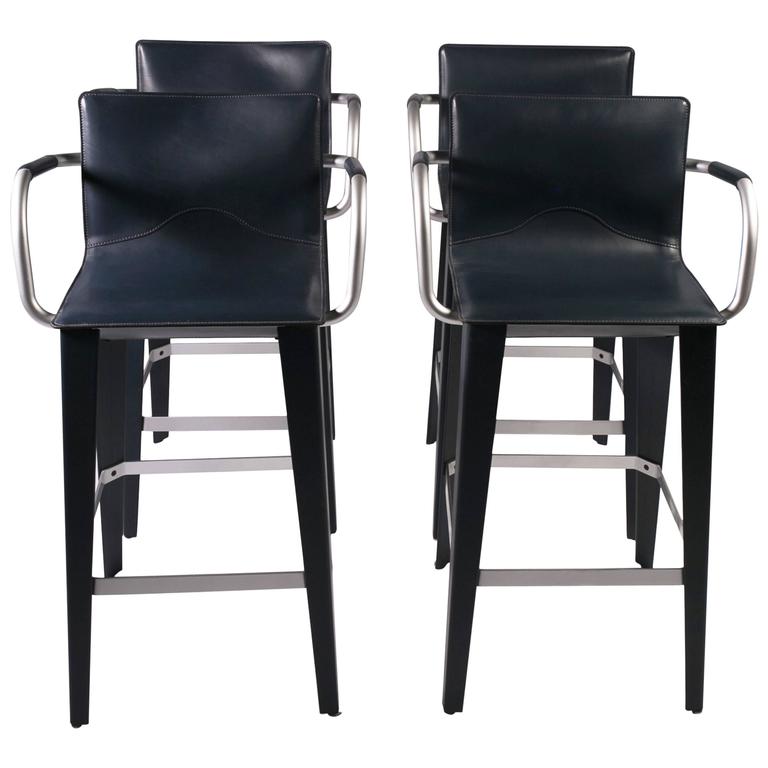 Four Matteo Grassi April Bar Stools in Lapis Blue Leather For Sale at ...