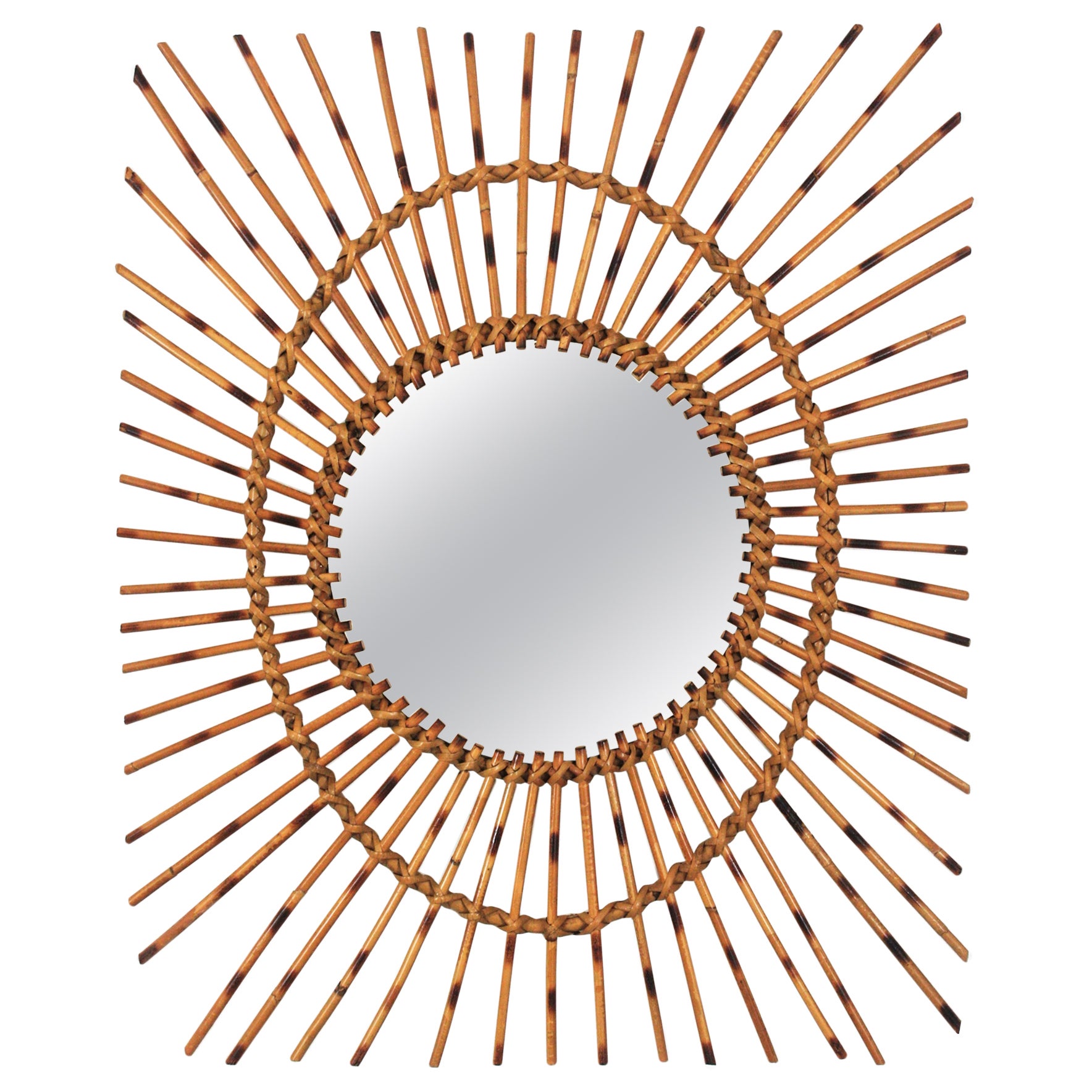 French Sunburst Rectangular Mirror in Rattan, 1960s For Sale at 1stDibs