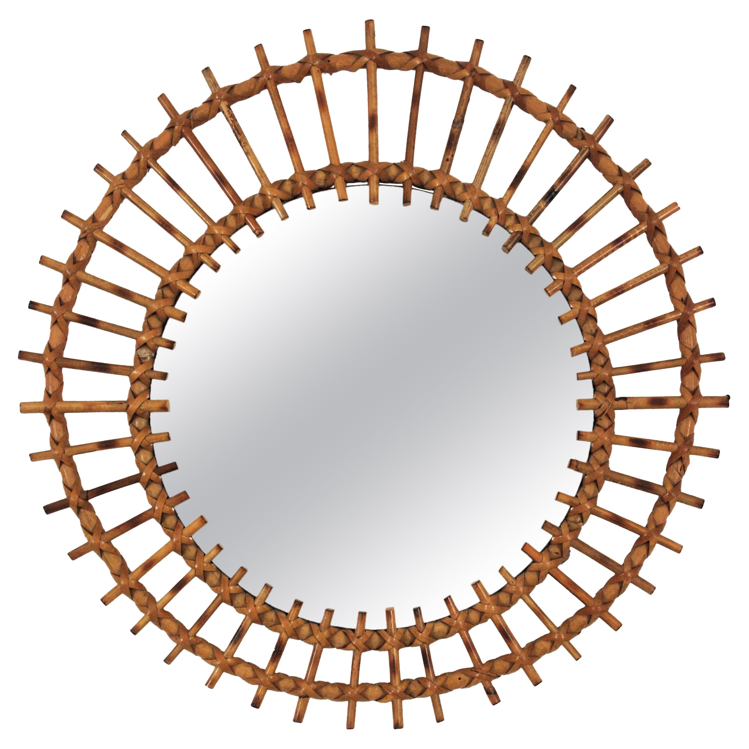 French Sunburst Asymmetric Mirror in Rattan, 1960s For Sale at 1stDibs