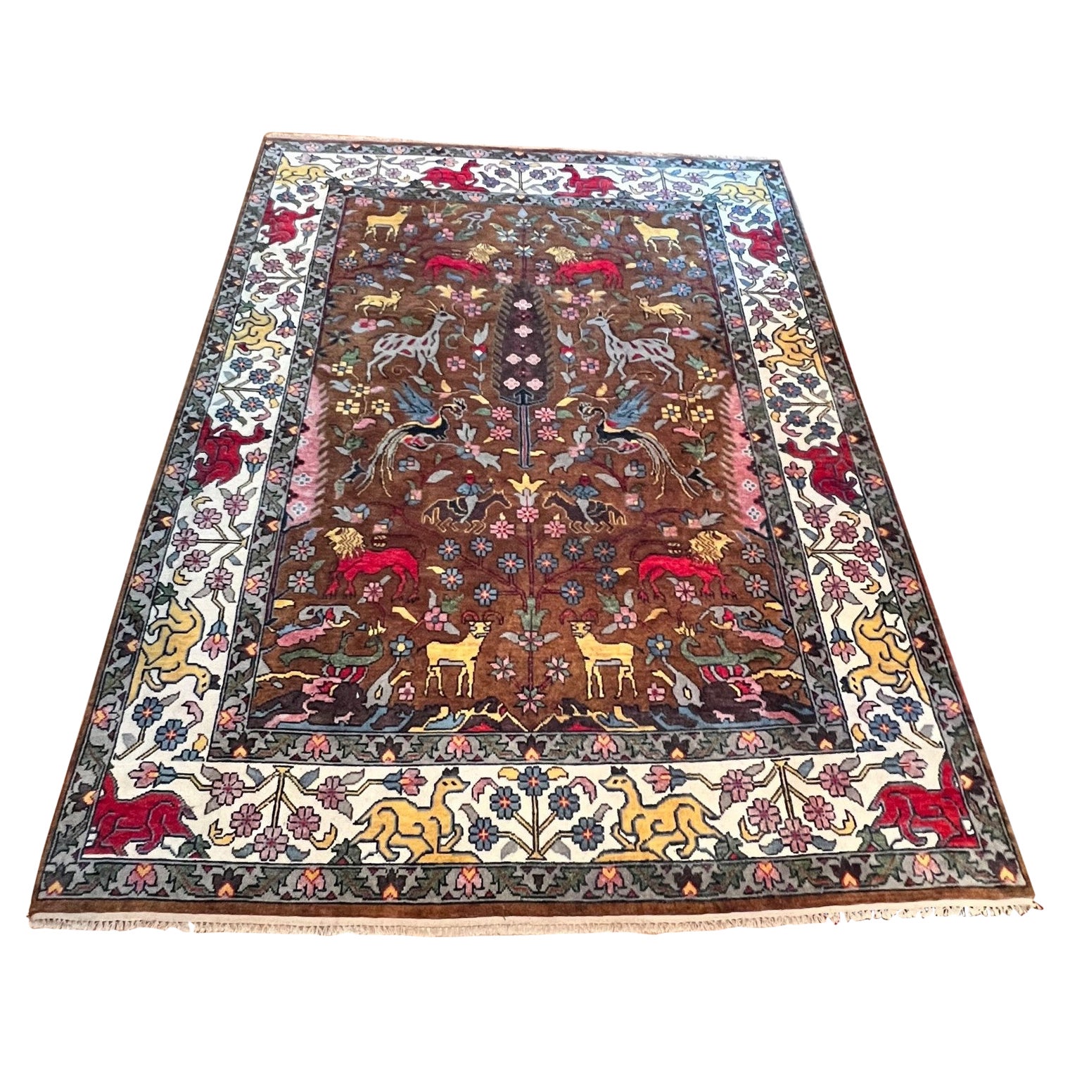 21st C. Richly Colored Bijar Style Rug Depicting Animals, Flowers and ...