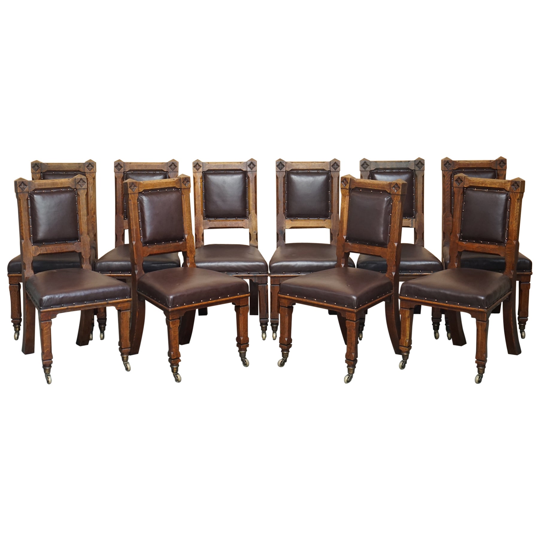 TEN STUNNING ANTIQUE CIRCA 1880 GOTHIC REVIVAL OAK PUGIN STYLE DINING ...