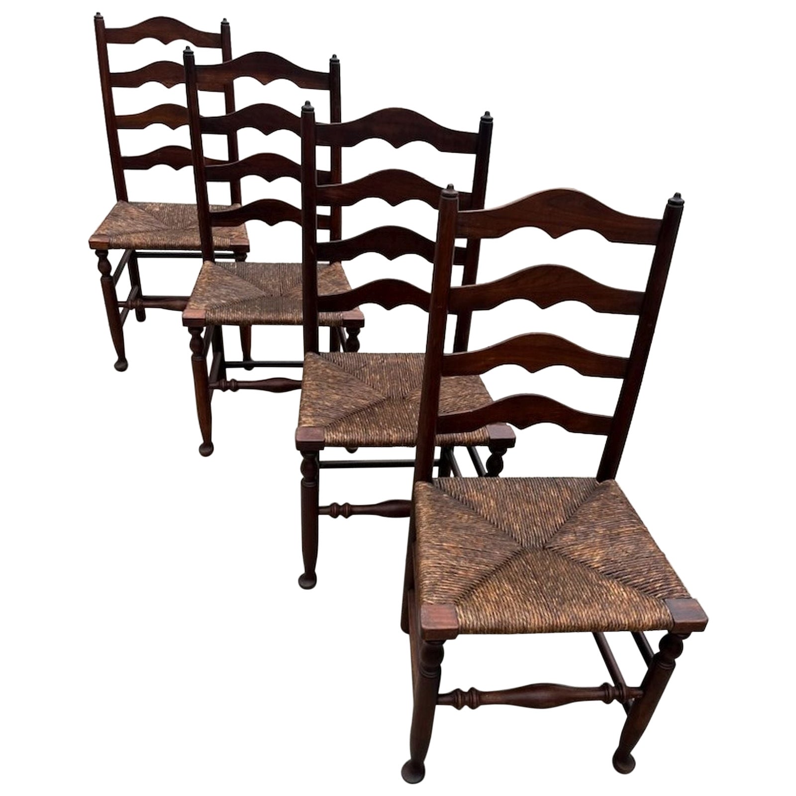 19th Century Rustic Belgian Handcrafted Ladder Back Chair Set at 1stDibs