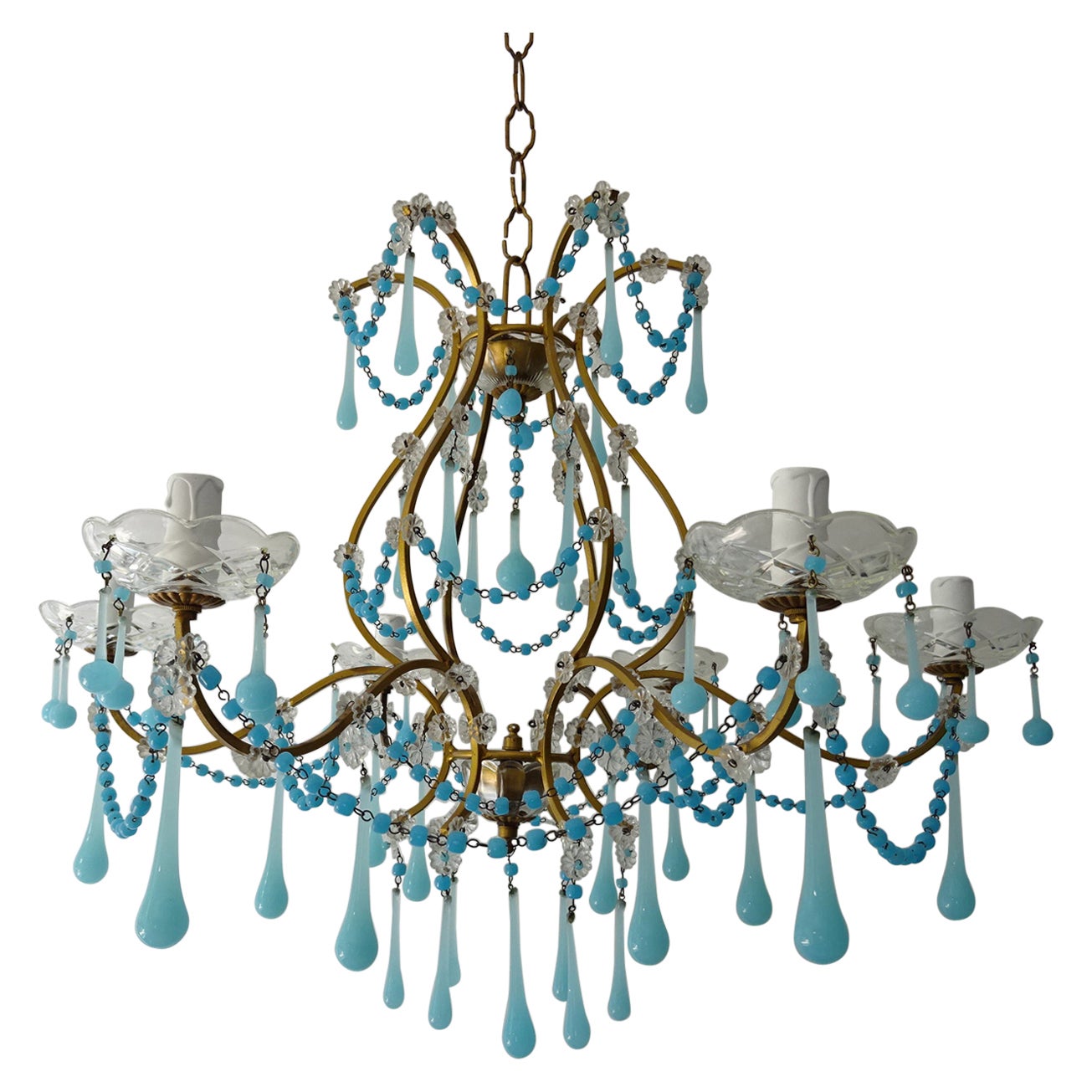 1930 French Blue Opaline Bobeches, Beads and Drops Chandelier For Sale ...