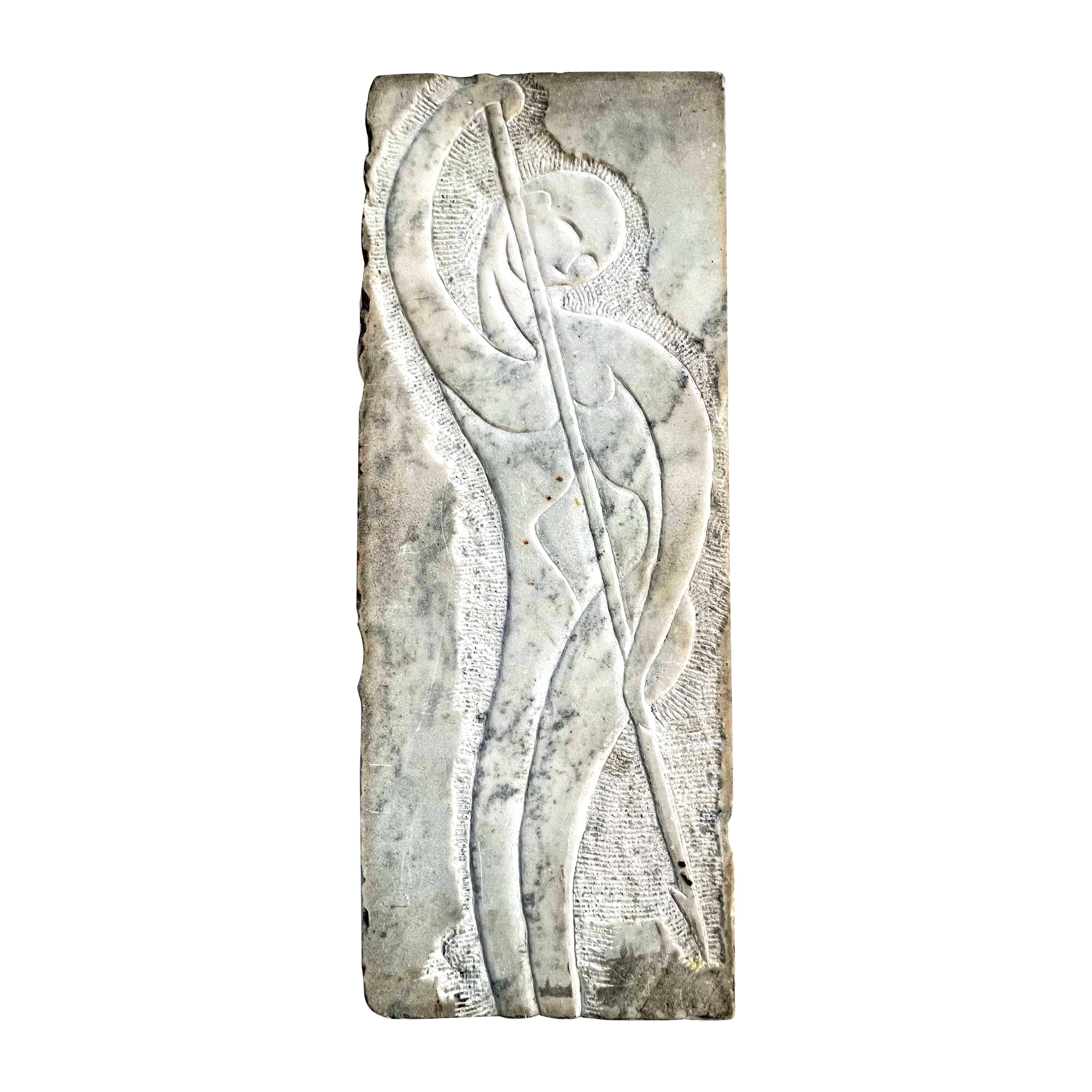 "Harpoonist", 1930s Folk Art - Art Deco Relief Sculpture in Grey Marble ...