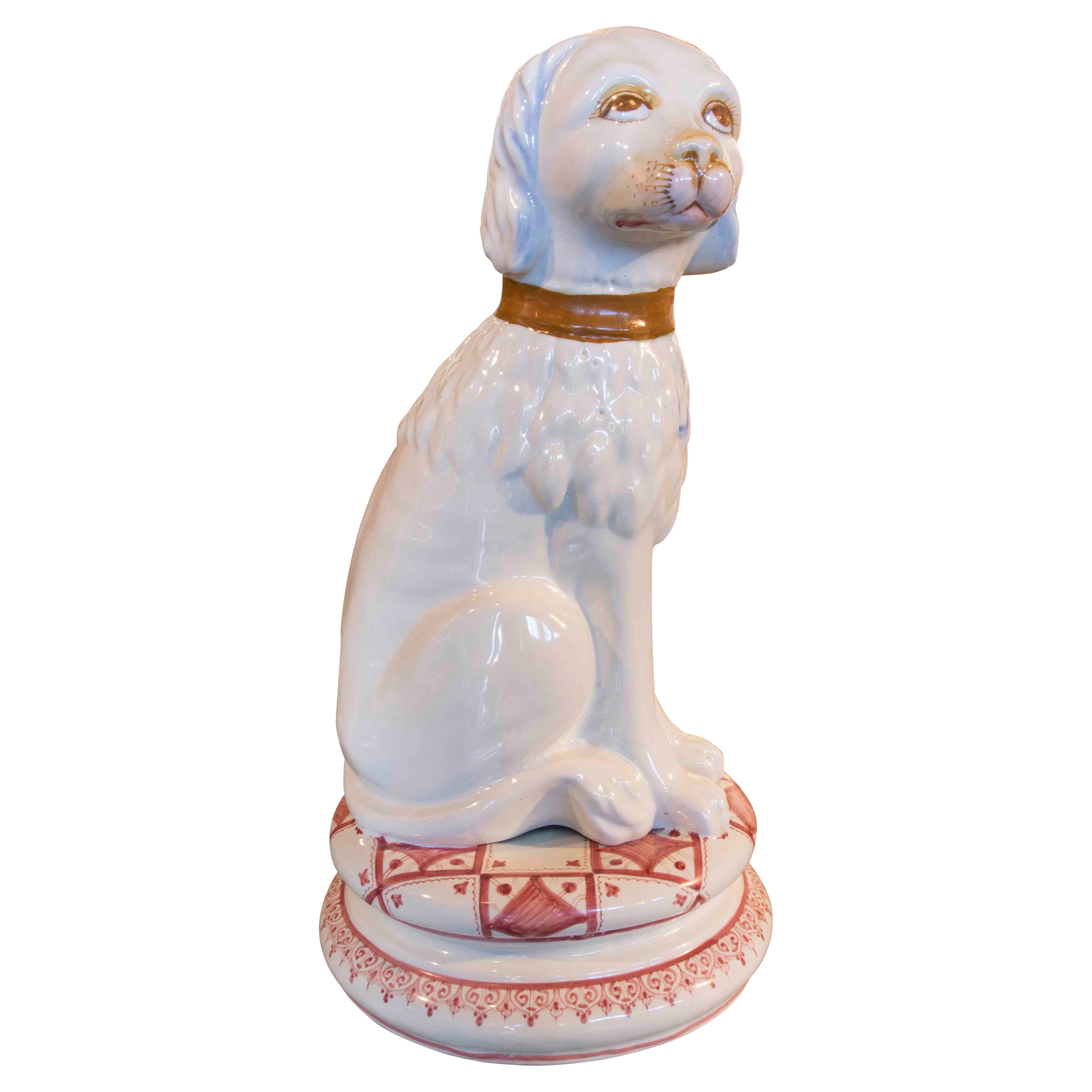 1980s White and Reddish Glazed Ceramic Dog Sculpture For Sale at 1stDibs