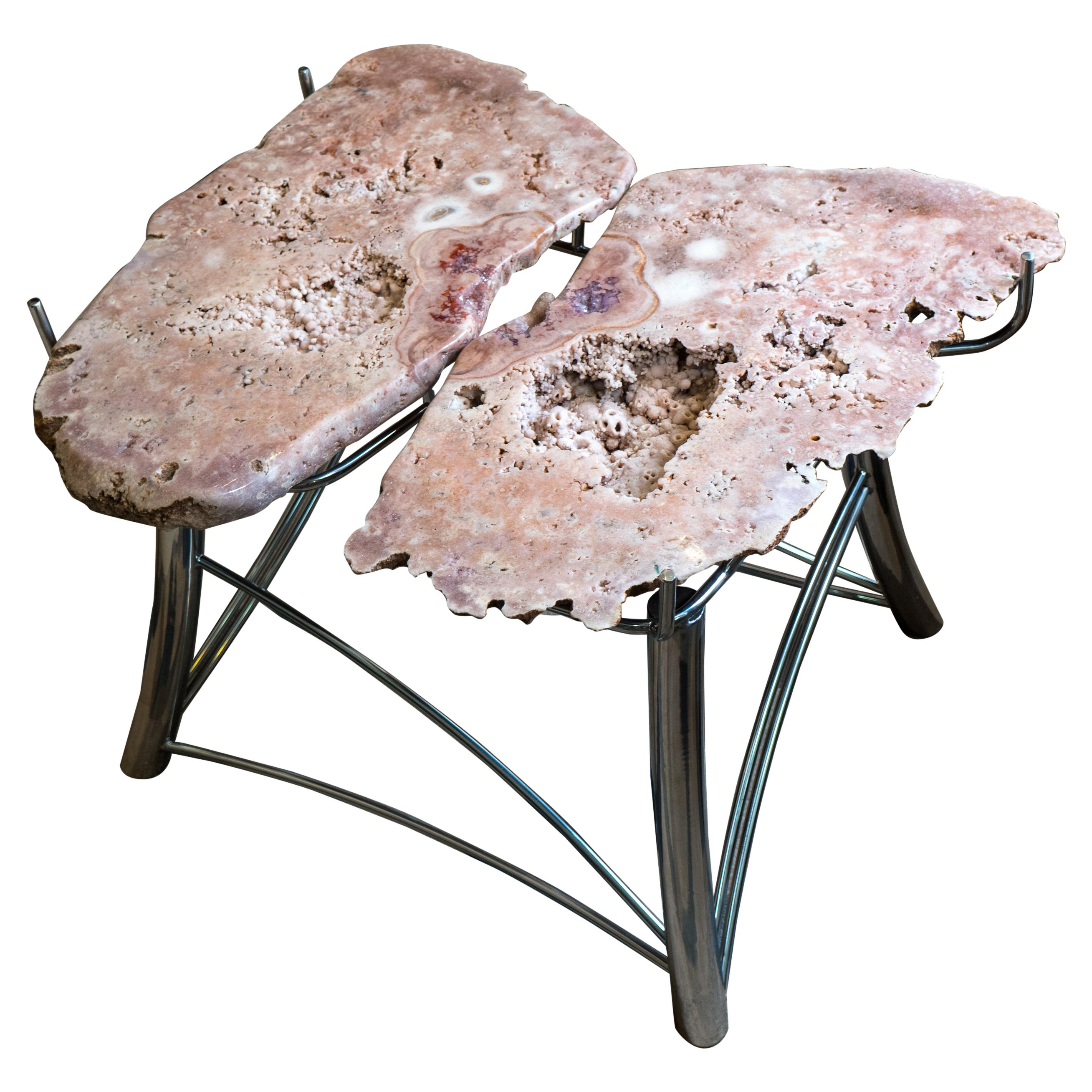 Pink Amethyst Geode Coffee Table (or Center Table) on a Stainless Steel ...