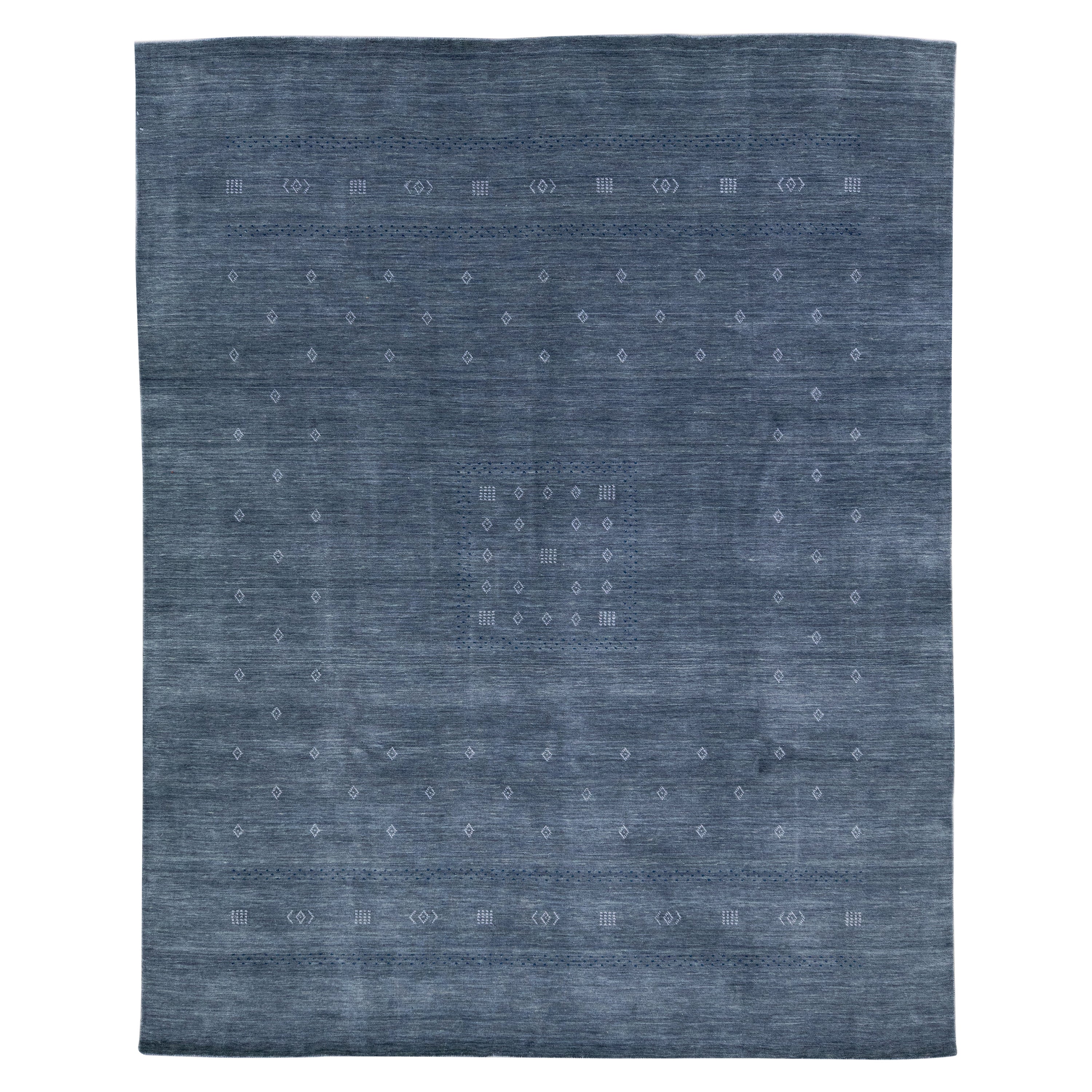 Modern Hand-Loomed Minimalist Gabbeh Wool Rug In Blue For Sale at 1stDibs