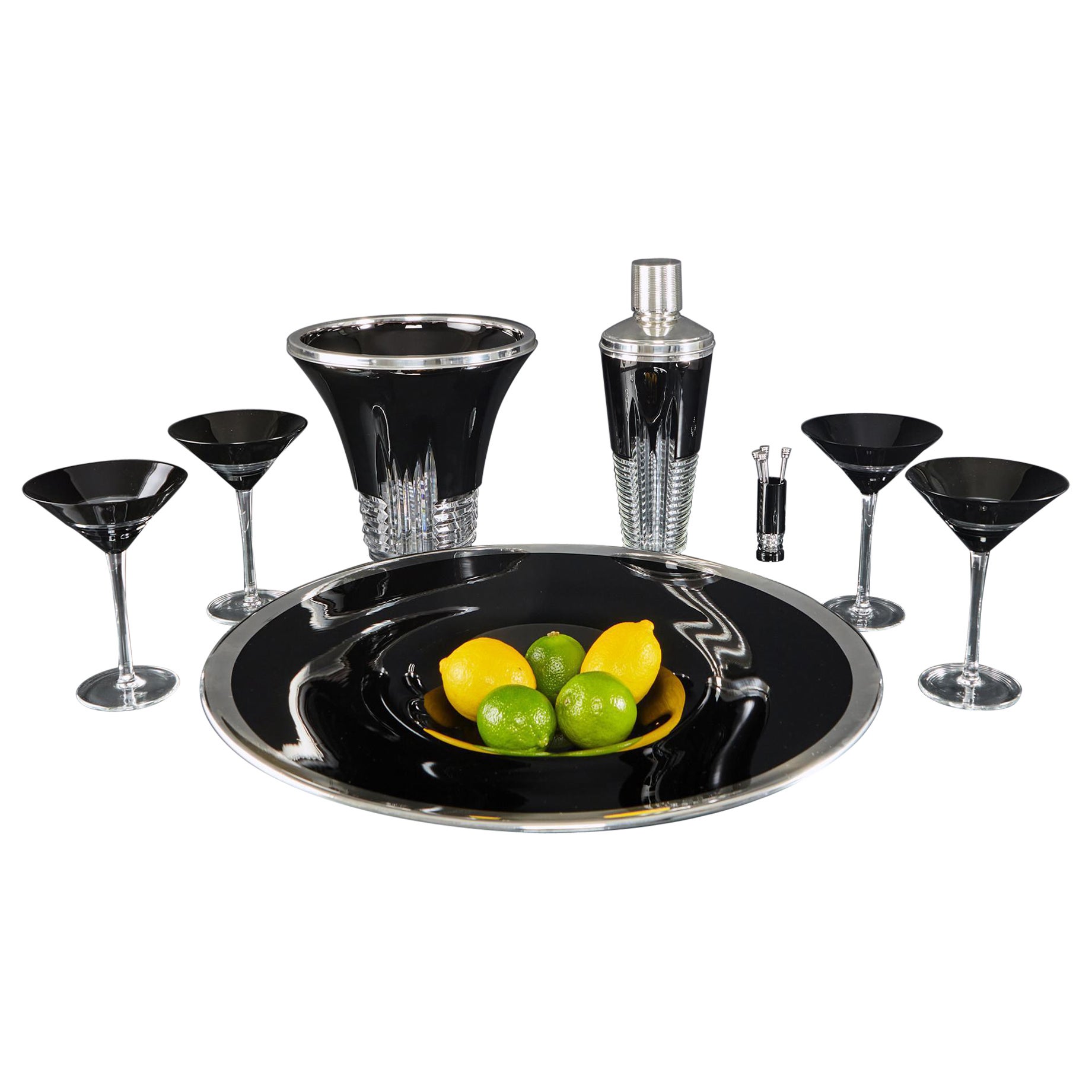 Jet pattern martini glass and silver cocktail set For Sale at 1stDibs