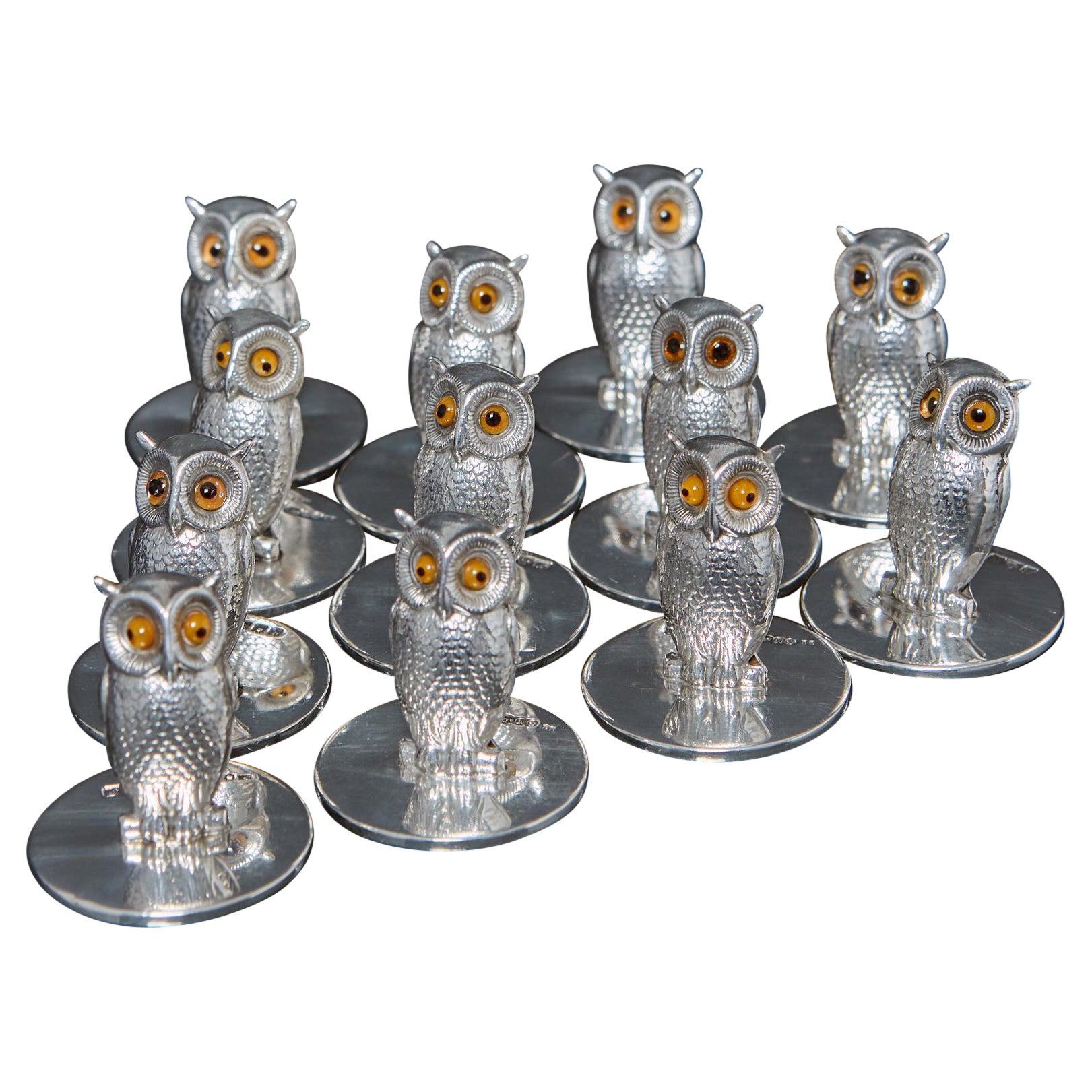 Boxed set 12 silver owl place card holders For Sale at 1stDibs