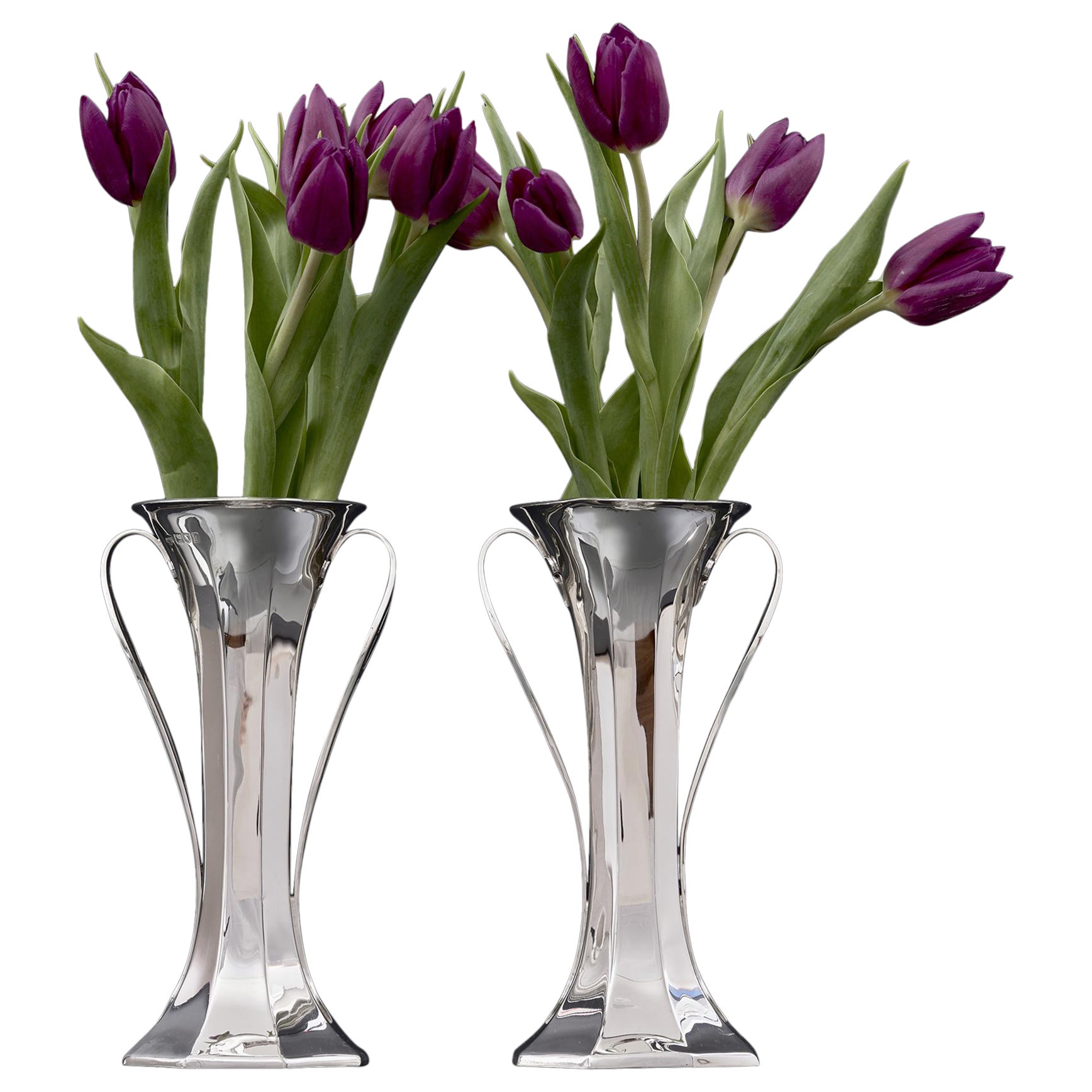 Pair Edwardian Art Nouveau silver vases For Sale at 1stDibs