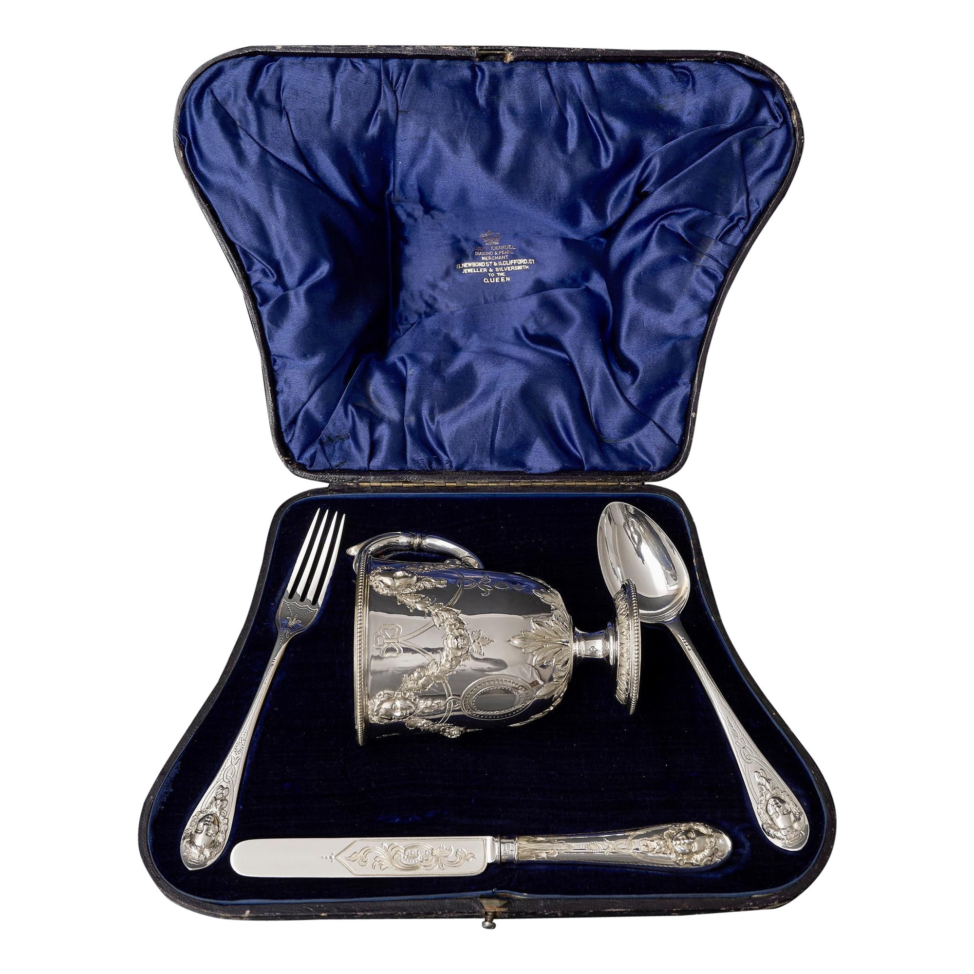 Four-piece antique silver christening set at 1stDibs