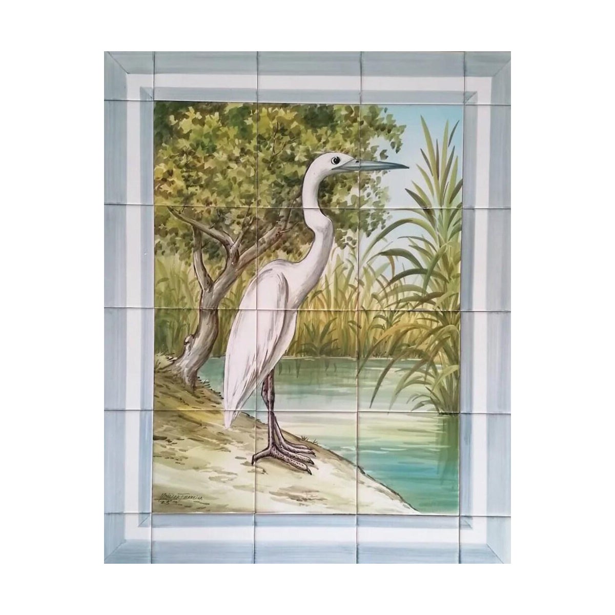 Portuguese Tile Mural "Grey Heron" Hand Painted and Signed by Artist ...