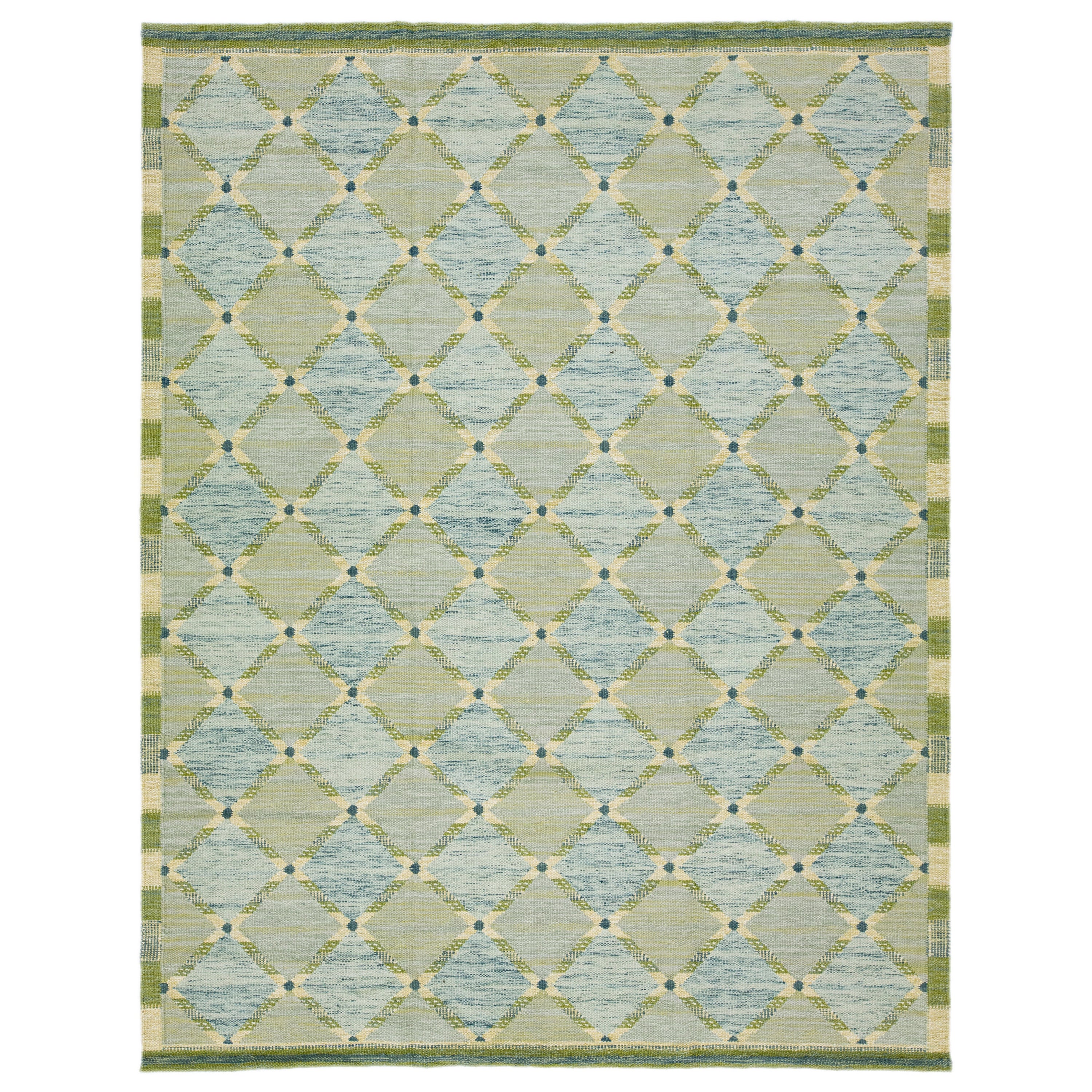 Modern Swedish Style Handmade Geometric Pattern Room size Blue Wool Rug ...