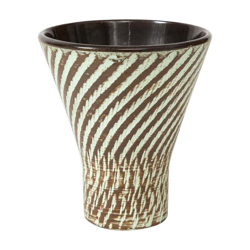 Glazed Brown and White Ceramic Sgraffito Vase For Sale at 1stDibs