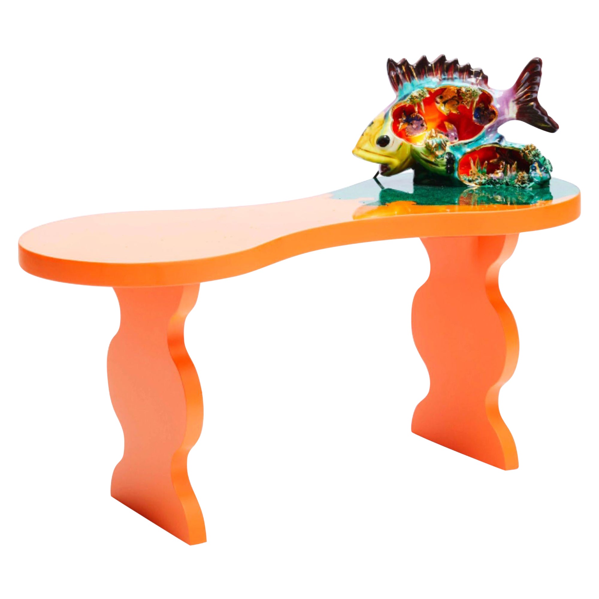 "Bisou" bench, orange matte lacquer, glittery brown resin, cast ...