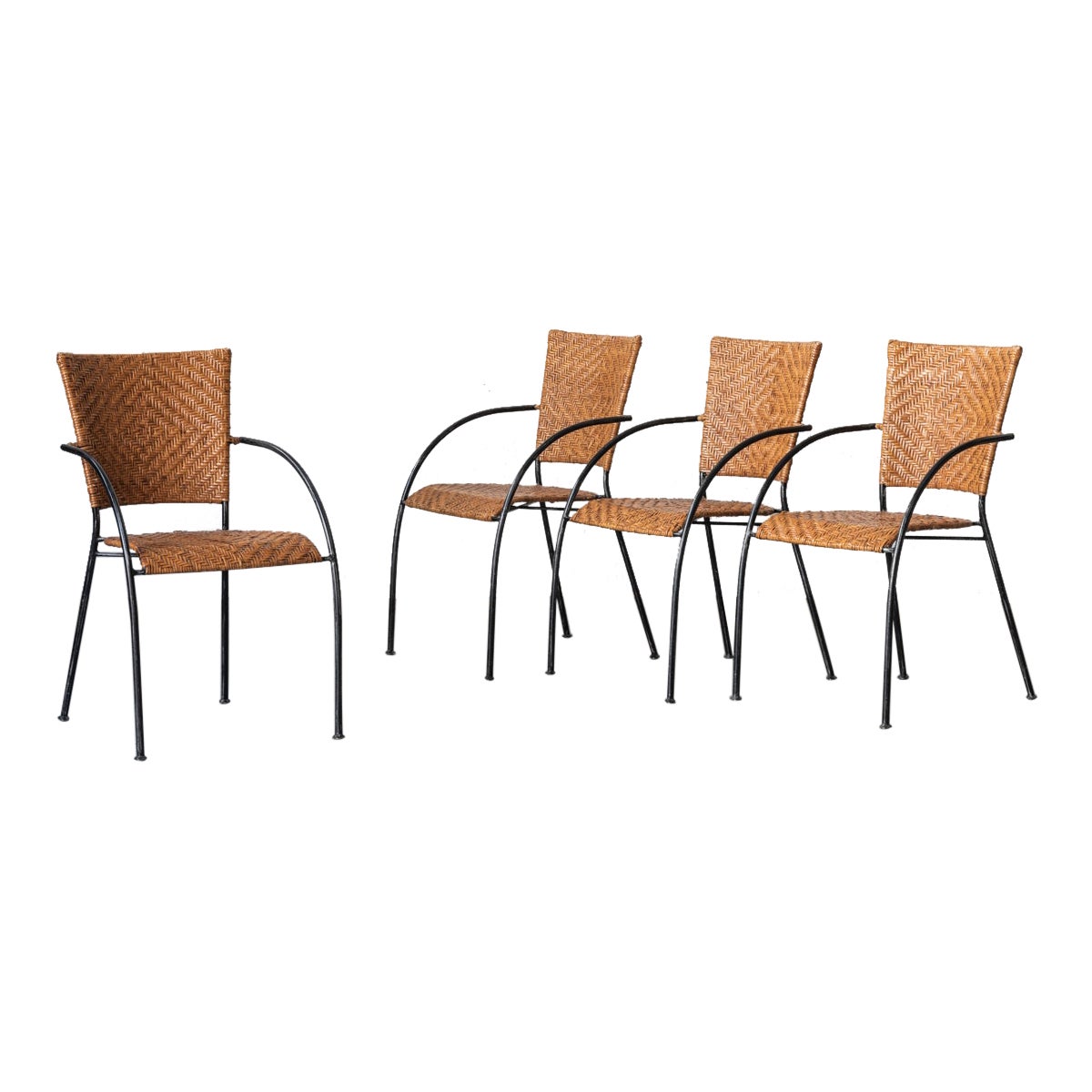 Set of 4 stackable dining chairs in steel and rattan, 1970s For Sale at ...