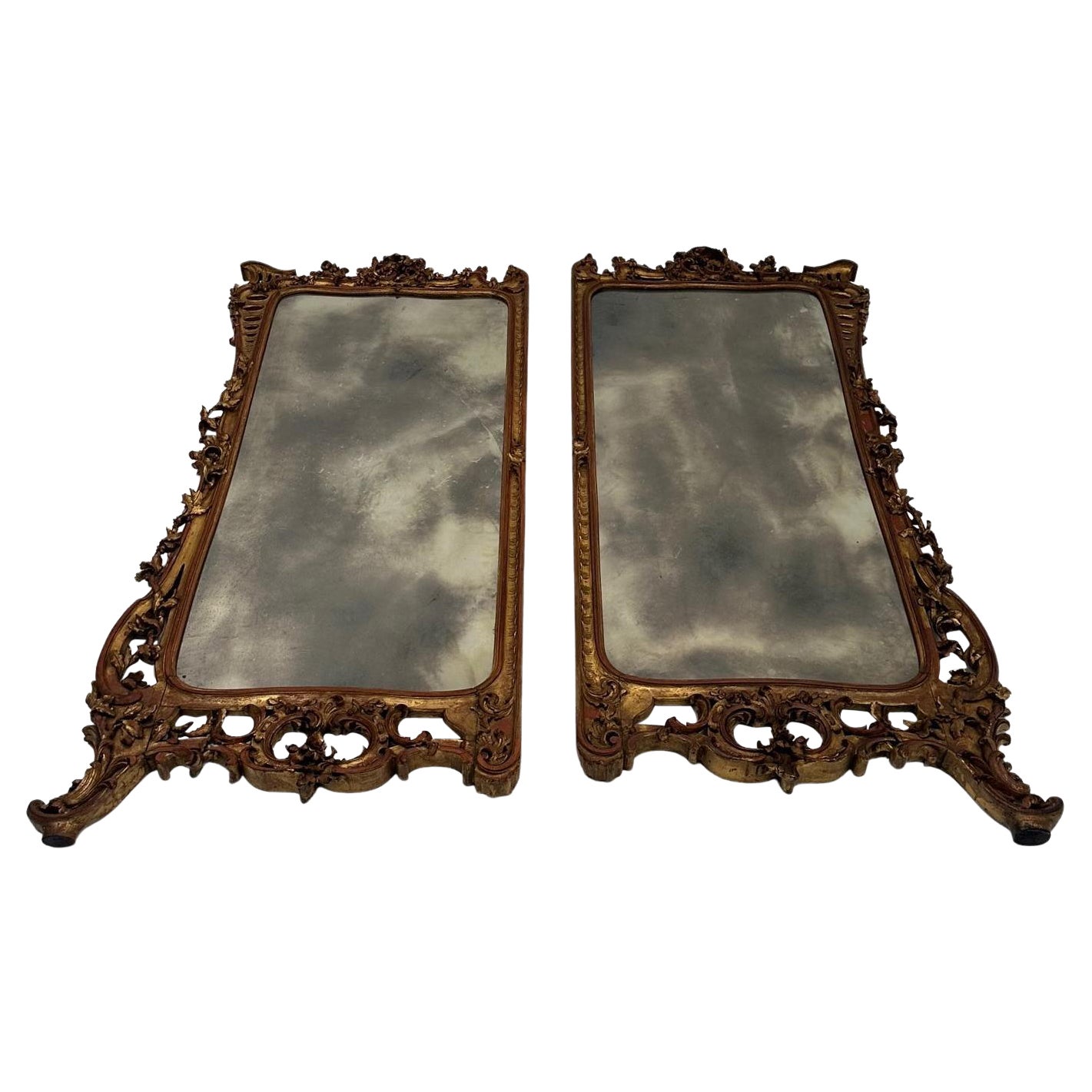 Rococo Ornate Antique Pair of Carved Aged Mirrors For Sale at 1stDibs