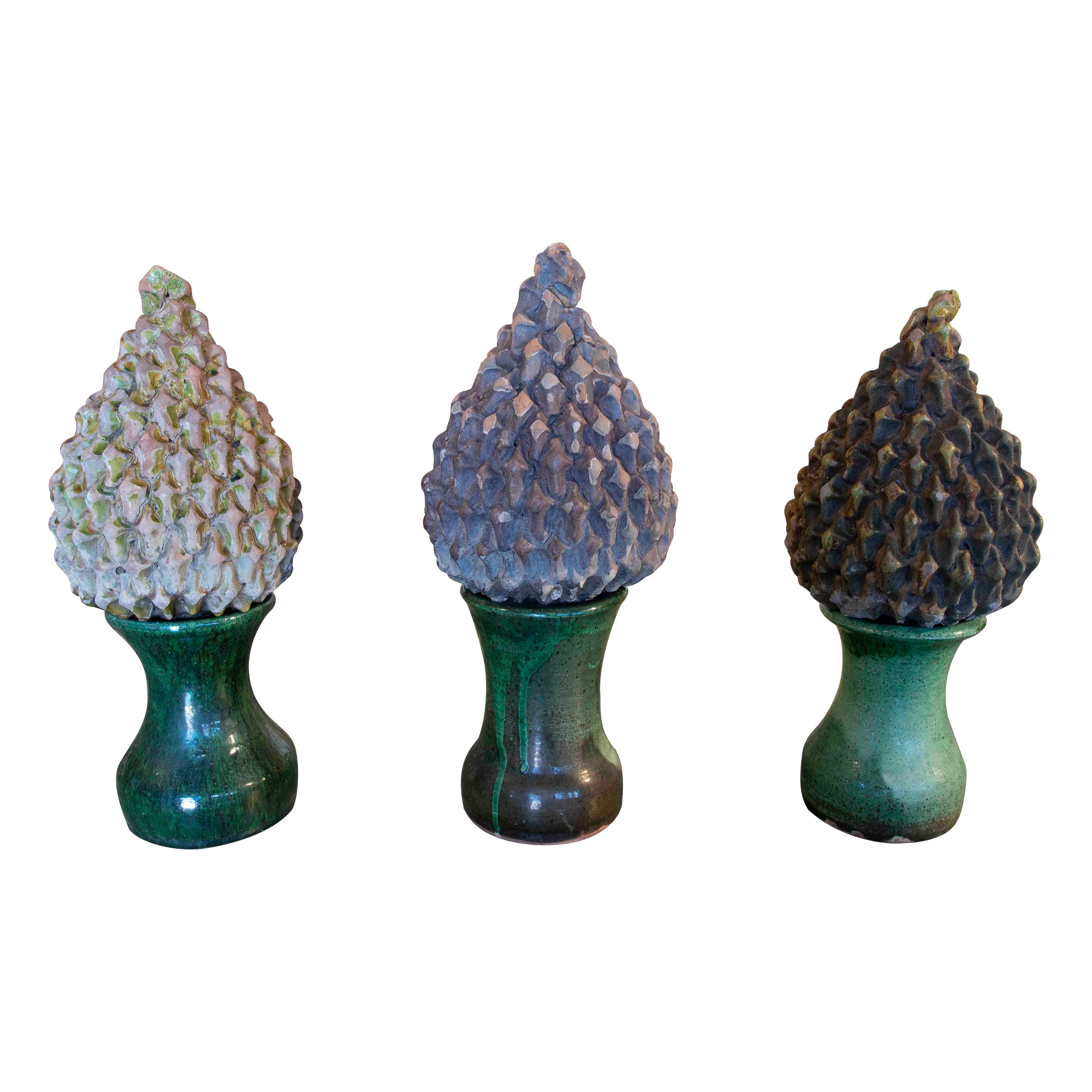 Three Ceramic Finials with Remnants of Glaze from the Pine Cones with ...