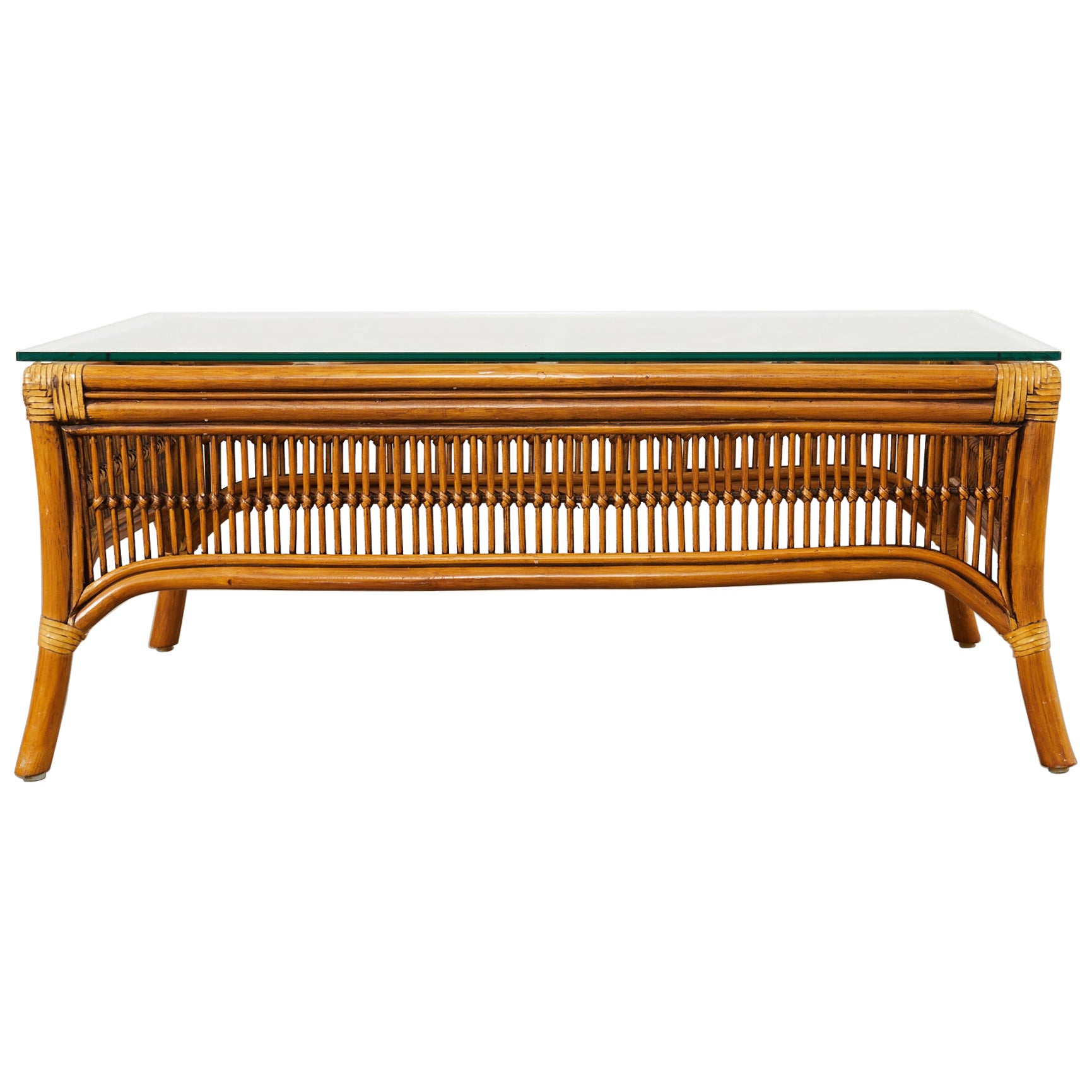 Midcentury Organic Modern Rattan Glass Top Cocktail Table at 1stDibs