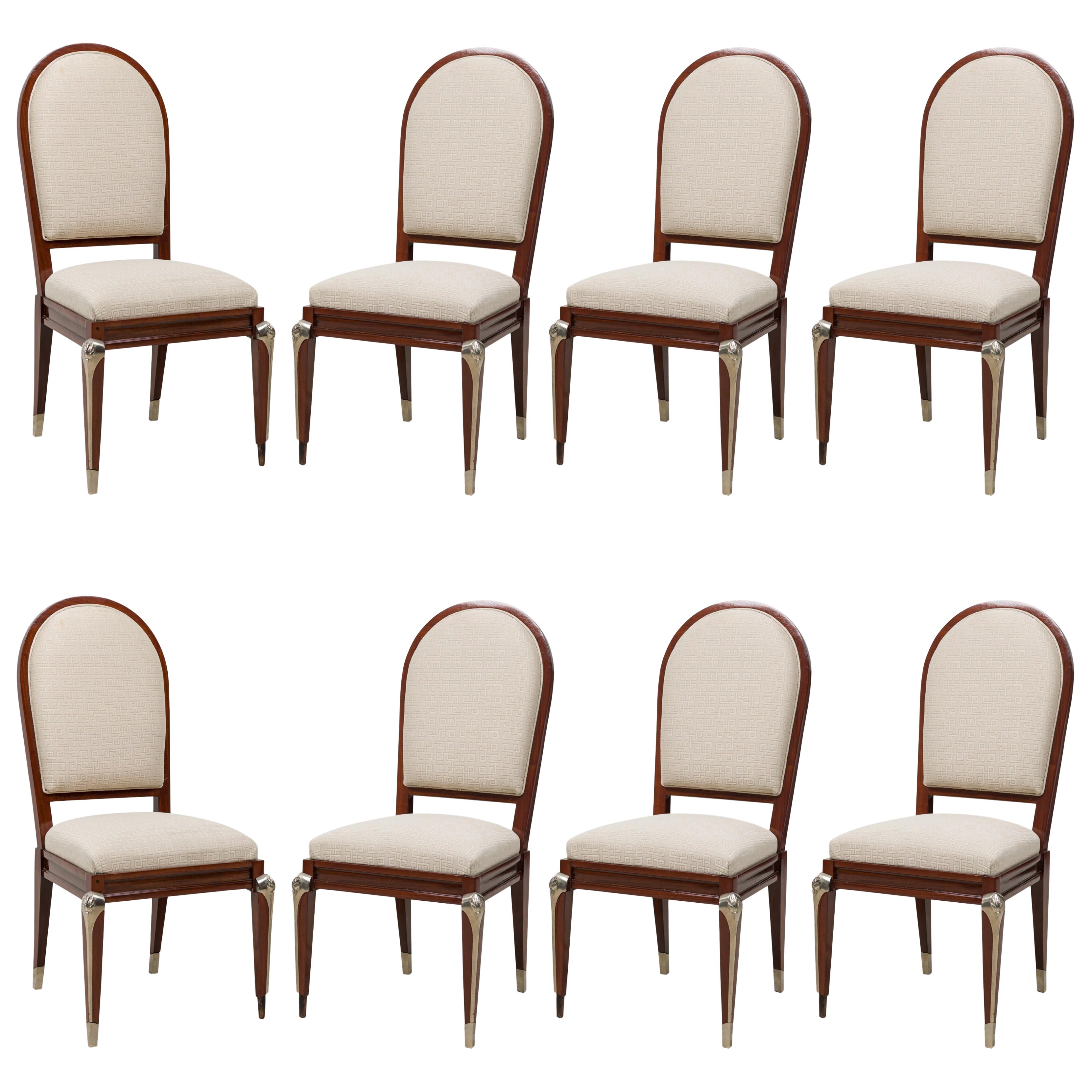 Set of 8 Jean Pascaud French Mahogany and Silvered Bronze Upholstered ...