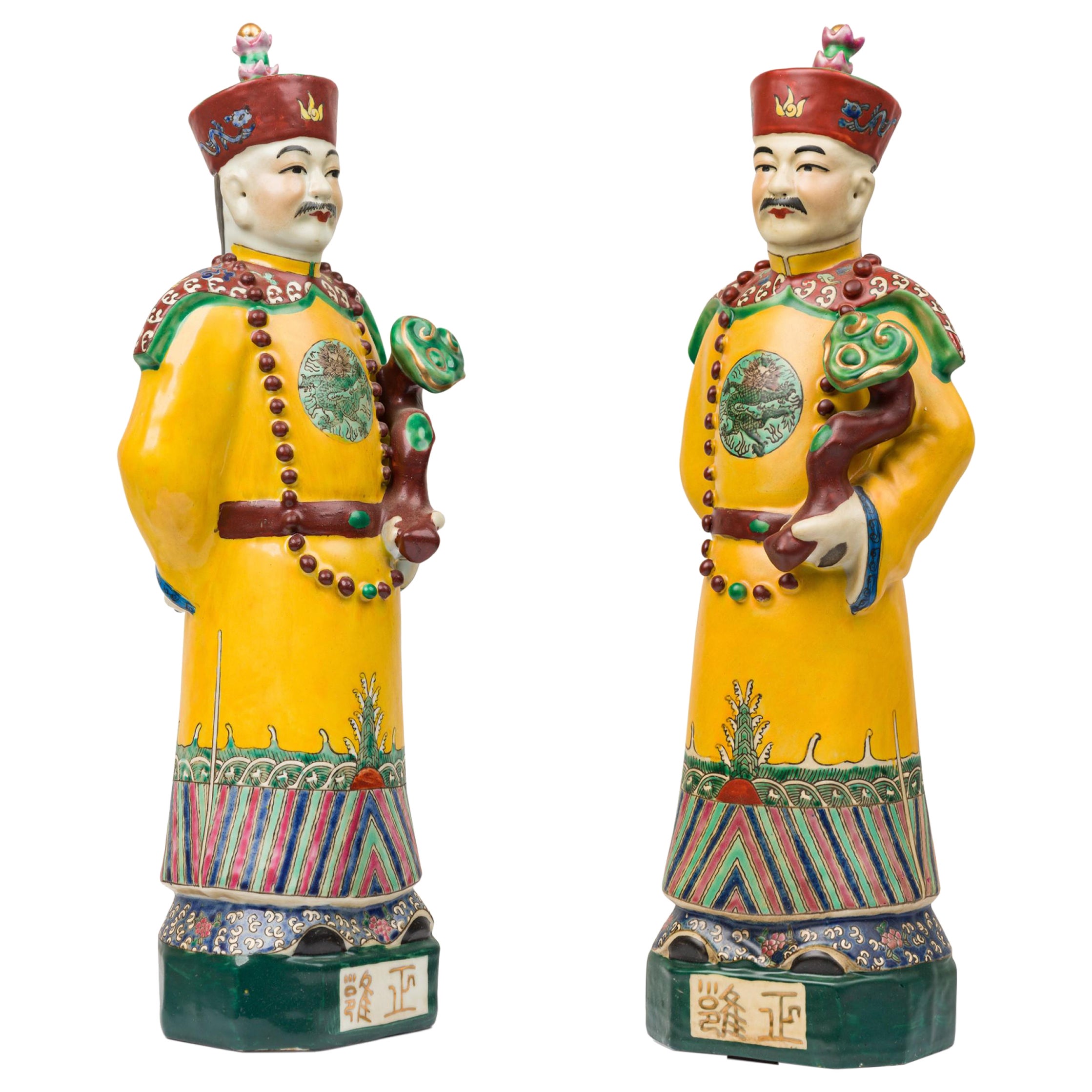 Pair of Chinese Painted Ceramic Figures Depicting a Blue Robed Emperor ...
