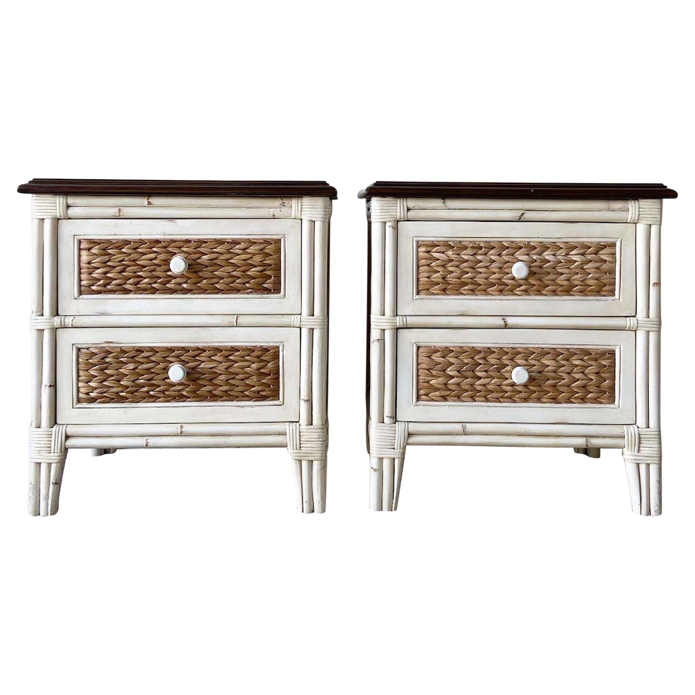 Boho Chic Bamboo and Sea Grass Nightstands - a Pair For Sale at 1stDibs