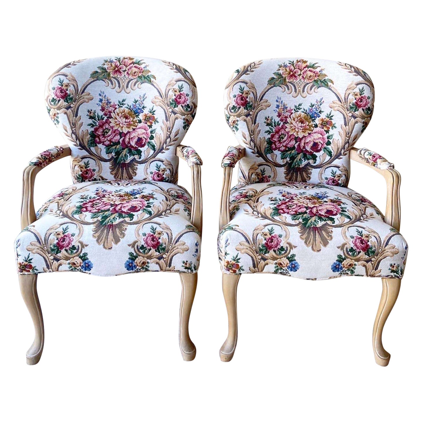 Traditional Wooden Retro Fabric Arm Chairs - a Pair For Sale at 1stDibs