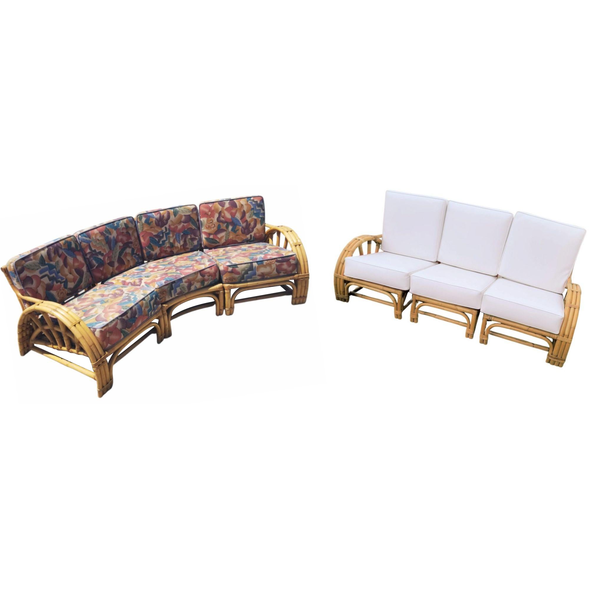 Restored 3 Strand Rattan 4 Spoke Half Moon Arm Livingroom Sofa Set For ...