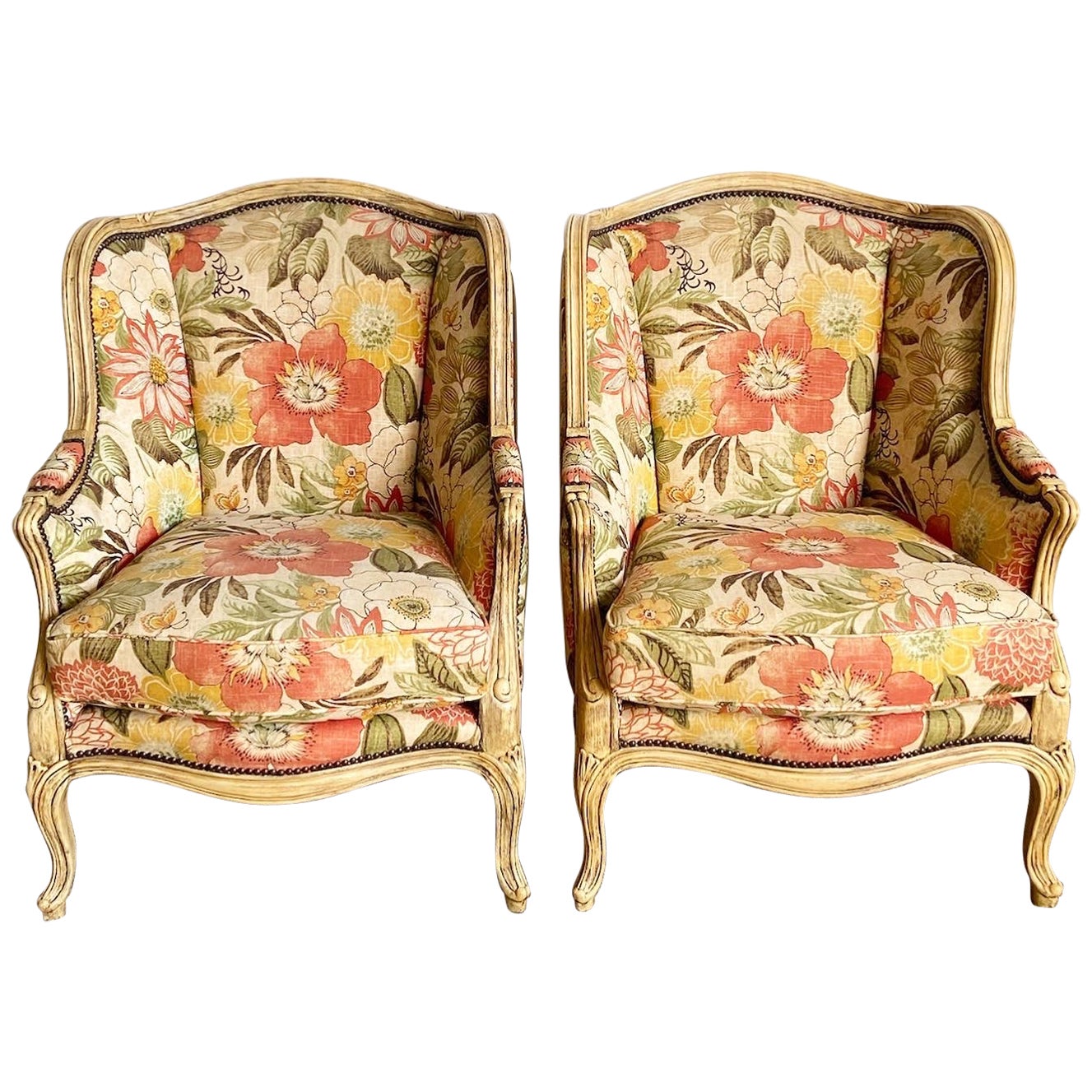 Regency Floral Fabric Sculpted Wingback Chairs - a Pair For Sale at 1stDibs