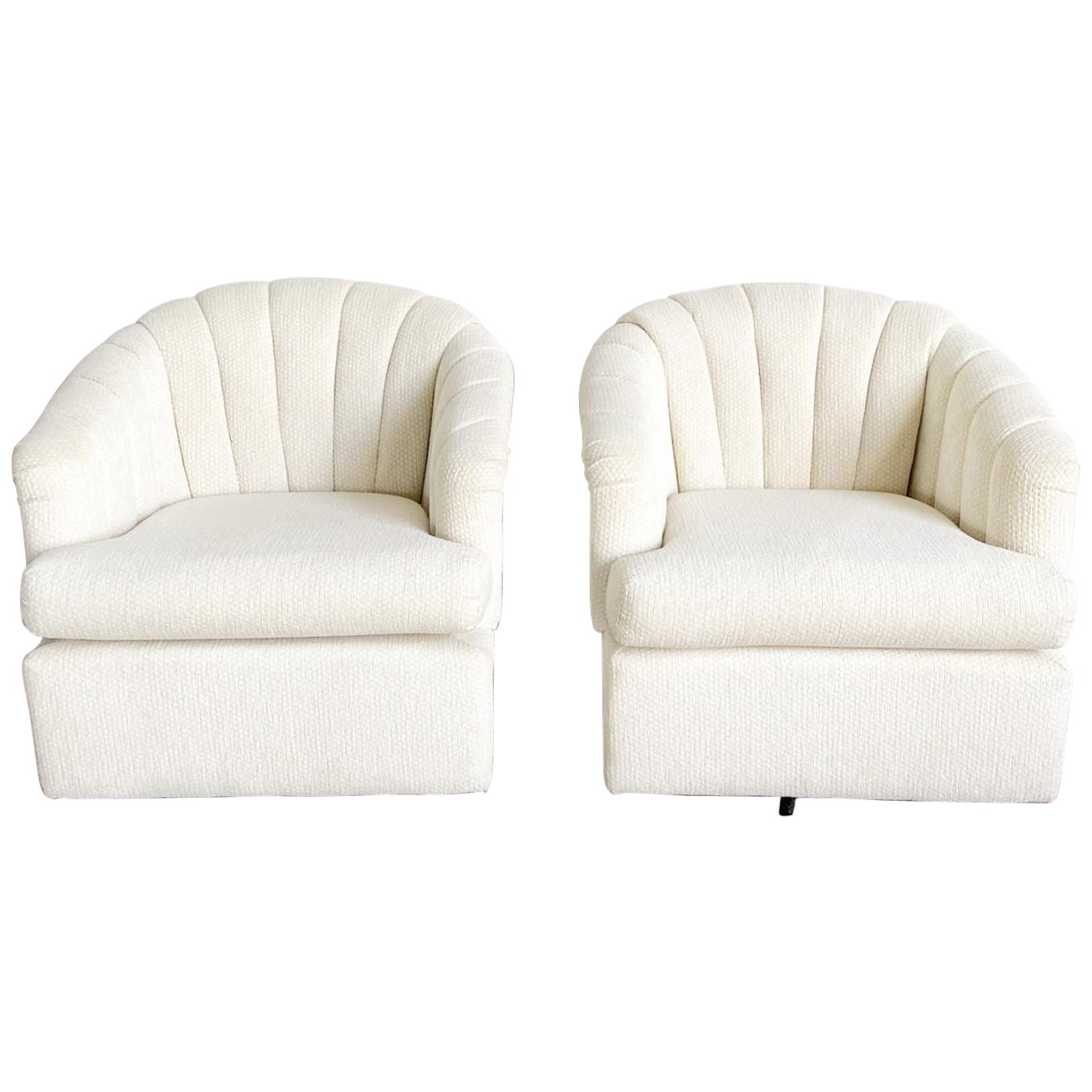 Postmodern Channelled Clam Shell Back Off White Fabric Swivel Chairs ...