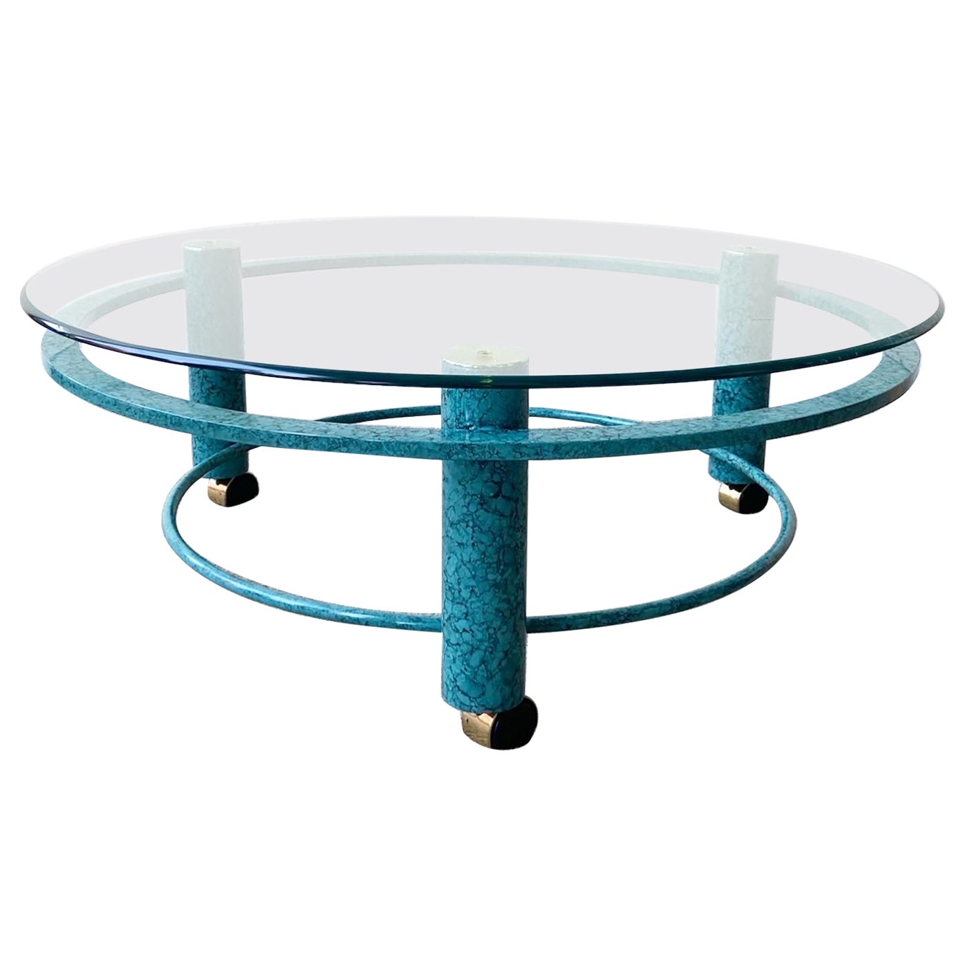 Postmodern Teal Blue Circular Beveled Glass Top Coffee Table on Casters ...