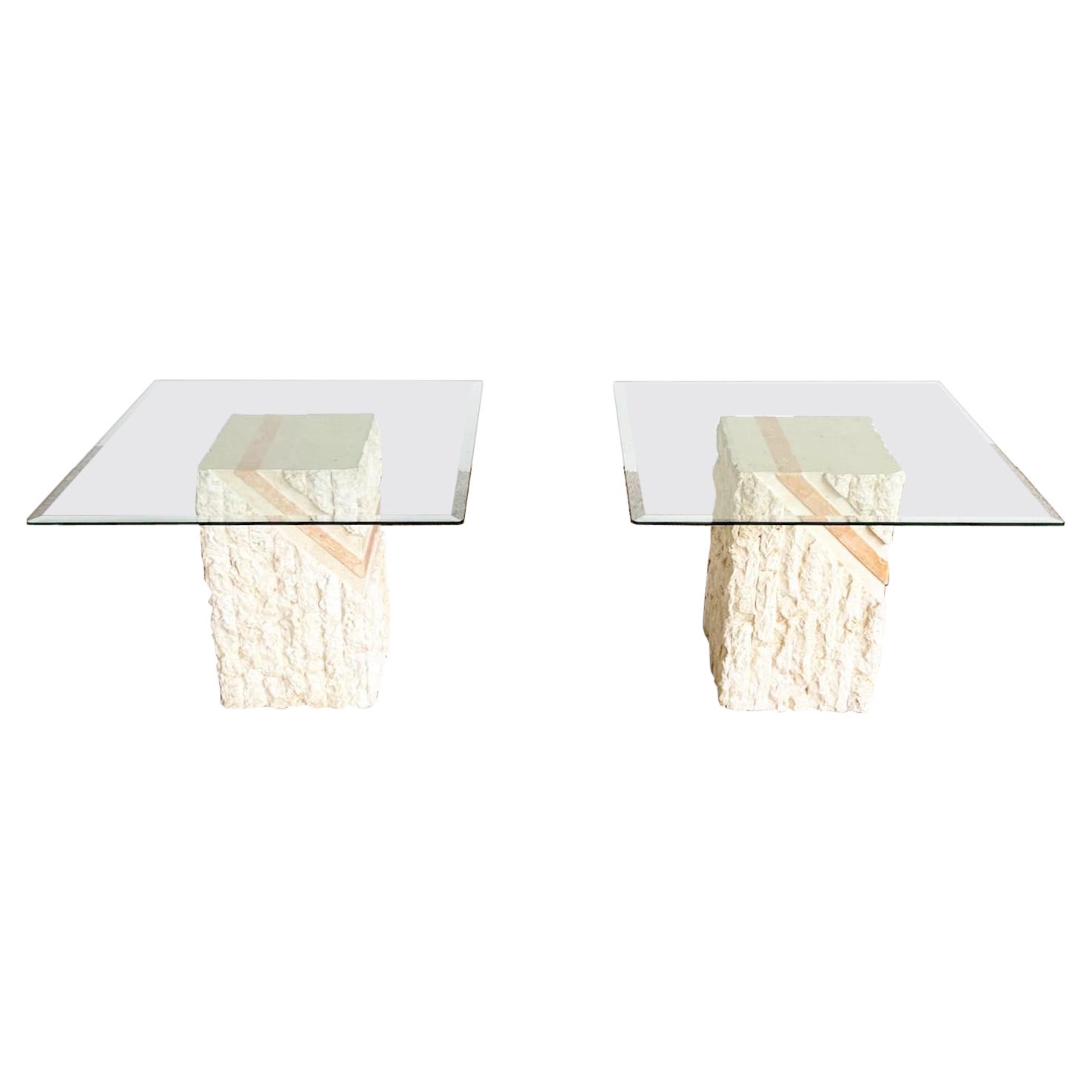 Postmodern Beige and Pink Tessellated Stone Side Tables With Glass Tops ...